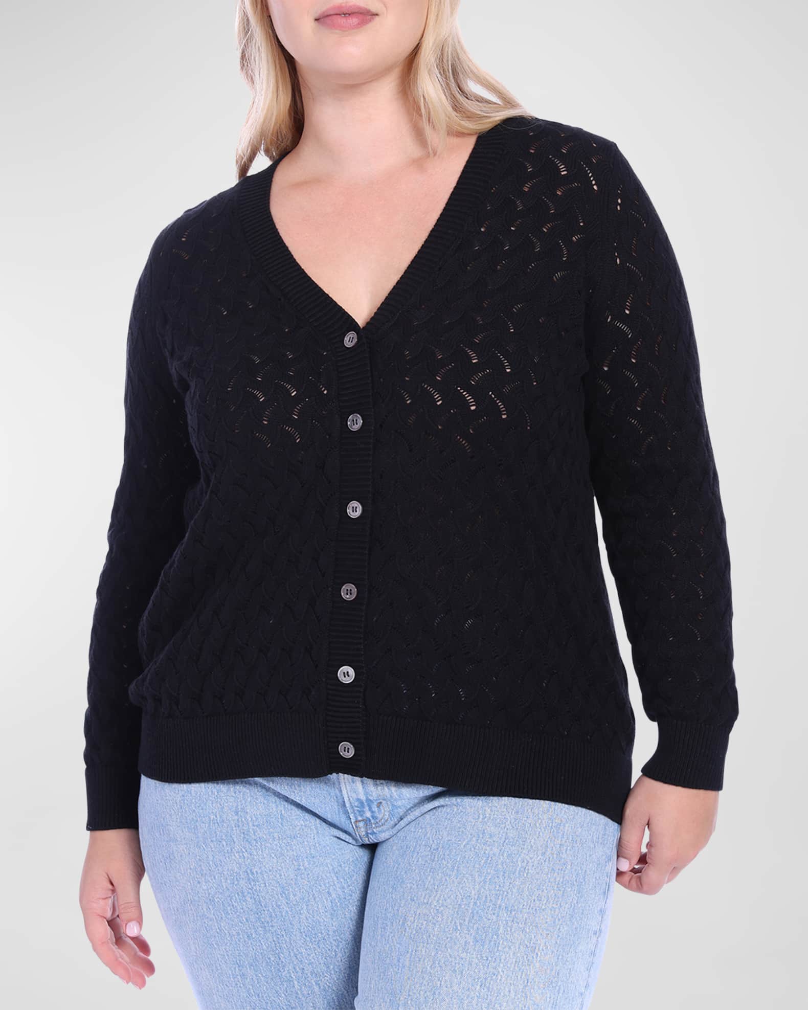 Minnie Rose Plus Size Pointelle Cotton-Cashmere Cardigan | Neiman Marcus
