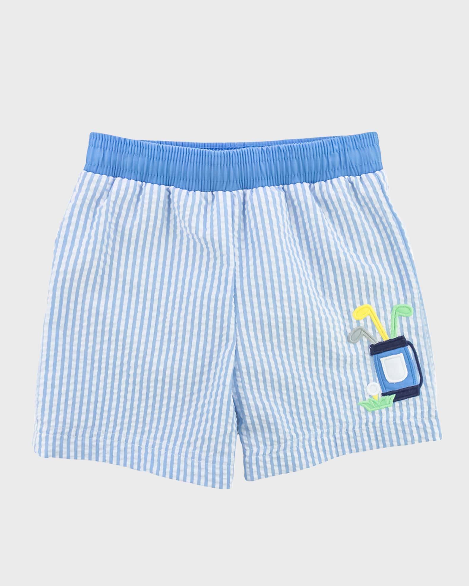 Boy's Blue Stripe Seersucker Trunks with Golf Bag | Neiman Marcus