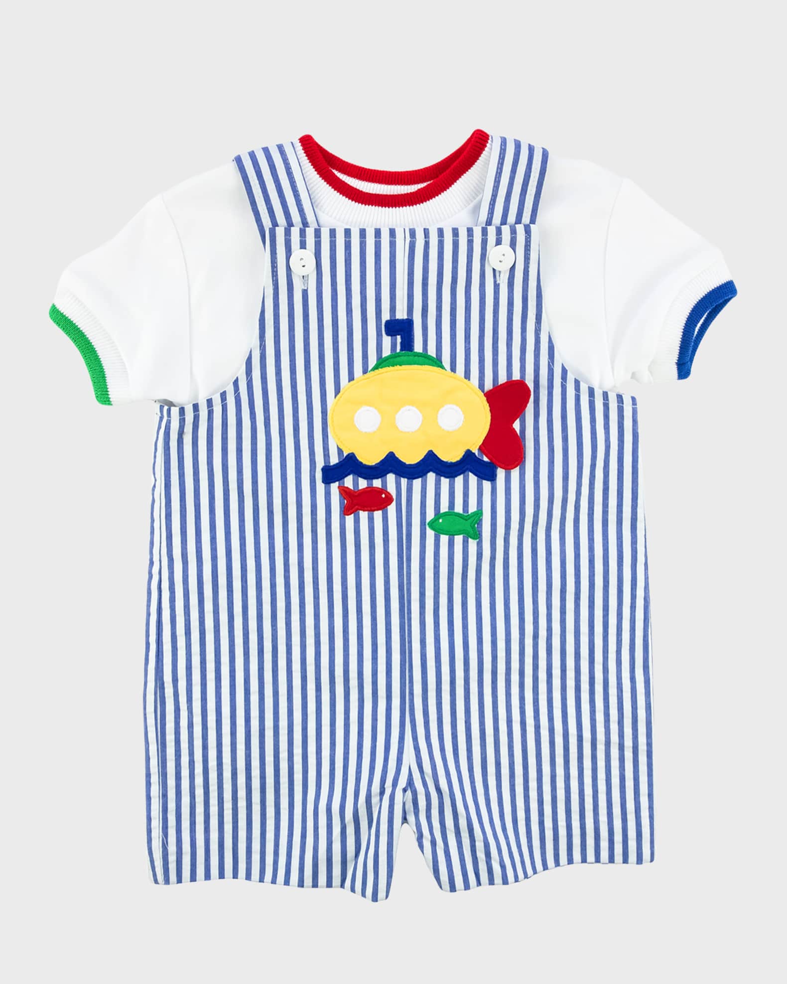 Florence Eiseman Boy's Seersucker Shortall W/ Submarine & T-Shirt, Size ...