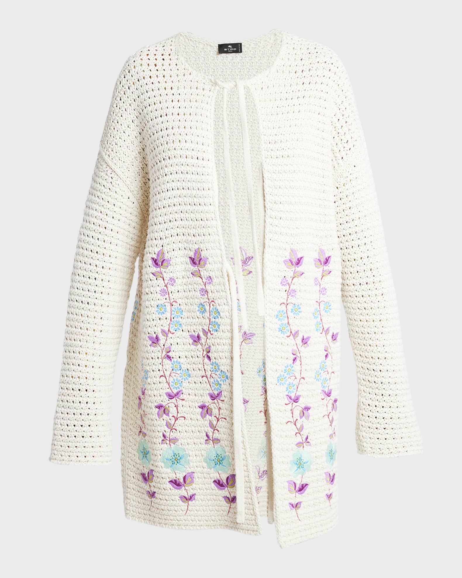 Etro Vine-Embroidered Tie Open-Knit Cardigan | Neiman Marcus