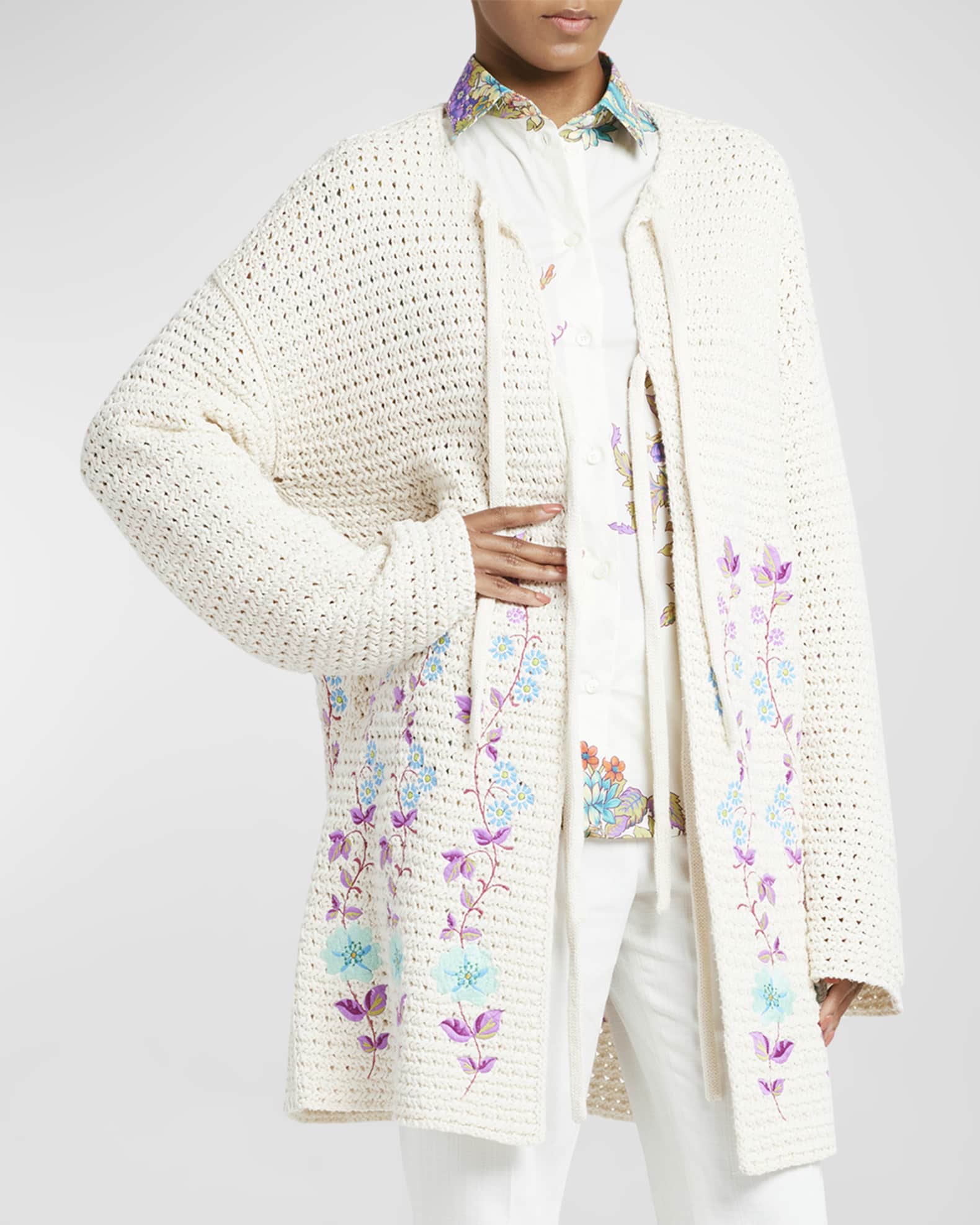 Etro Vine-Embroidered Tie Open-Knit Cardigan | Neiman Marcus