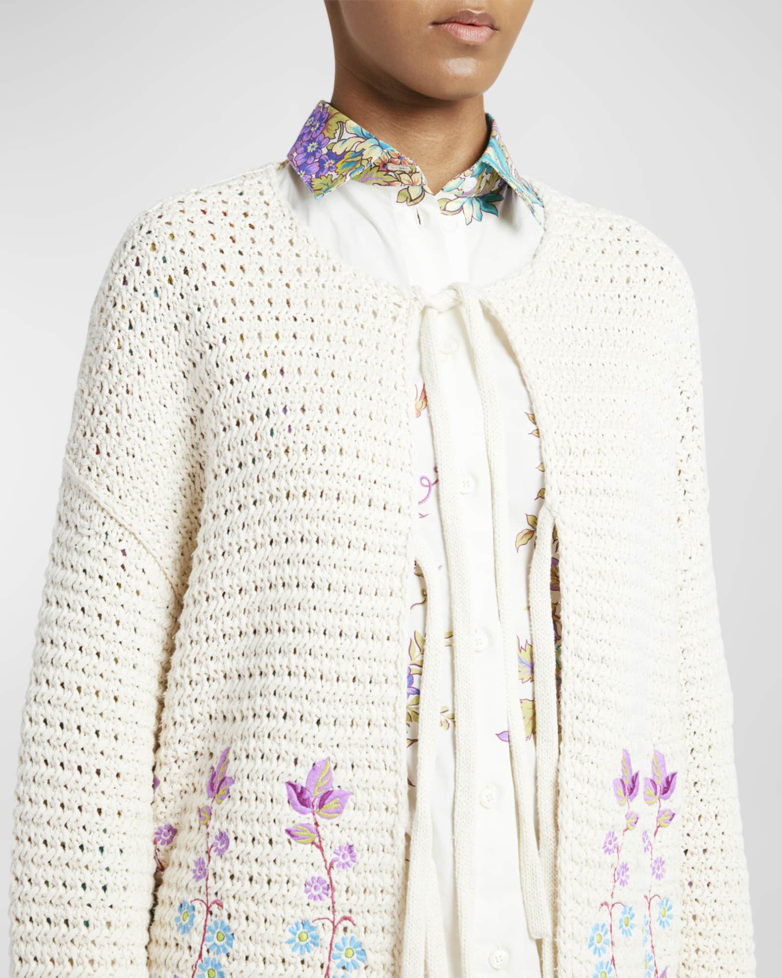 Etro Vine-Embroidered Tie Open-Knit Cardigan | Neiman Marcus