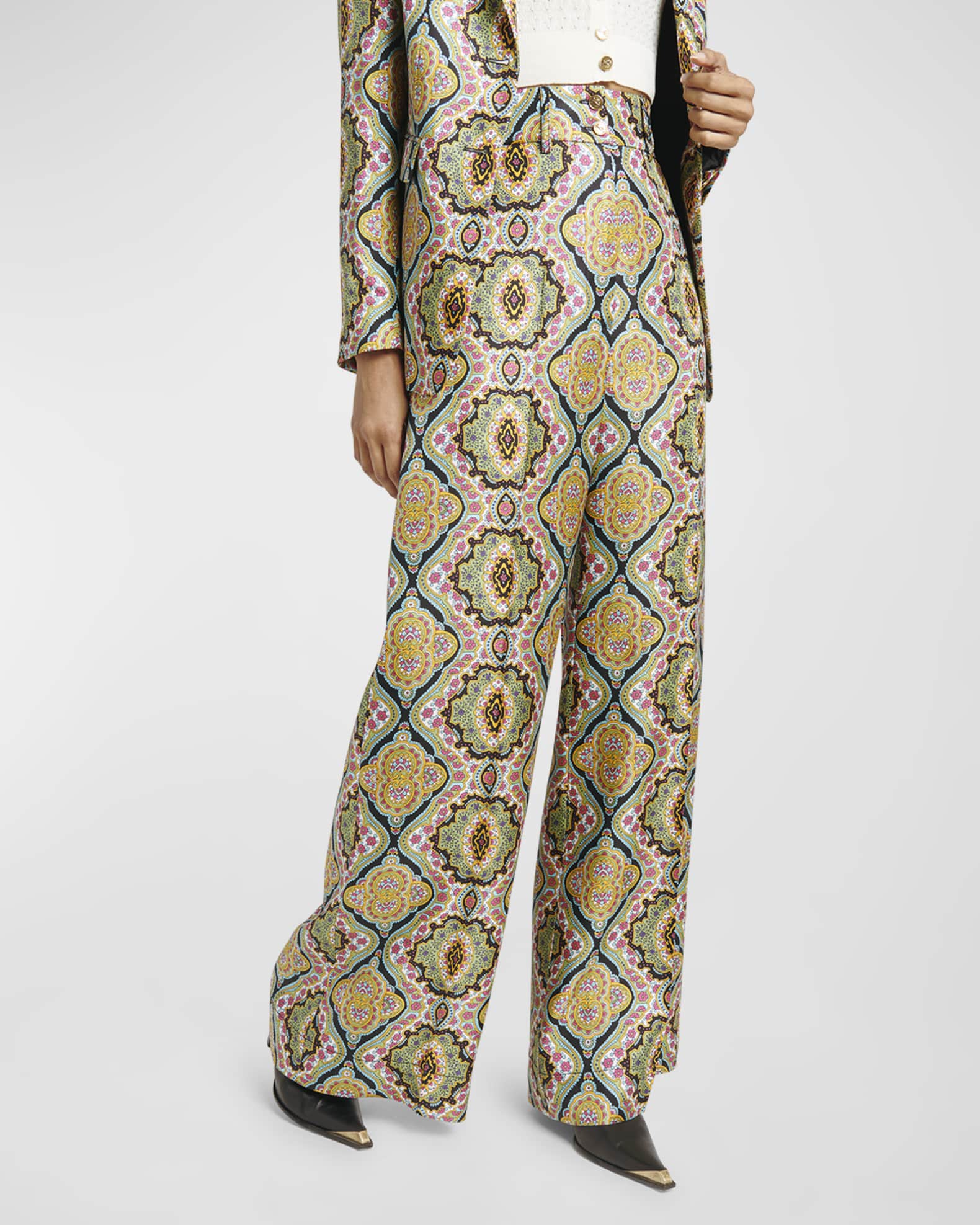 Etro High-Rise Medallion-Print Wide-Leg Silk Pants | Neiman Marcus