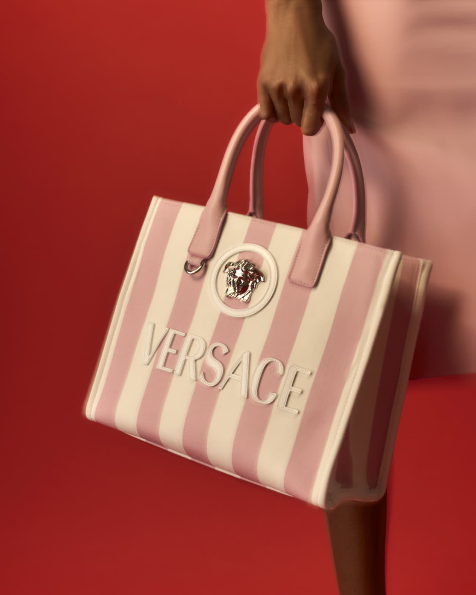 Versace La Medusa Striped Canvas Tote Bag | Neiman Marcus