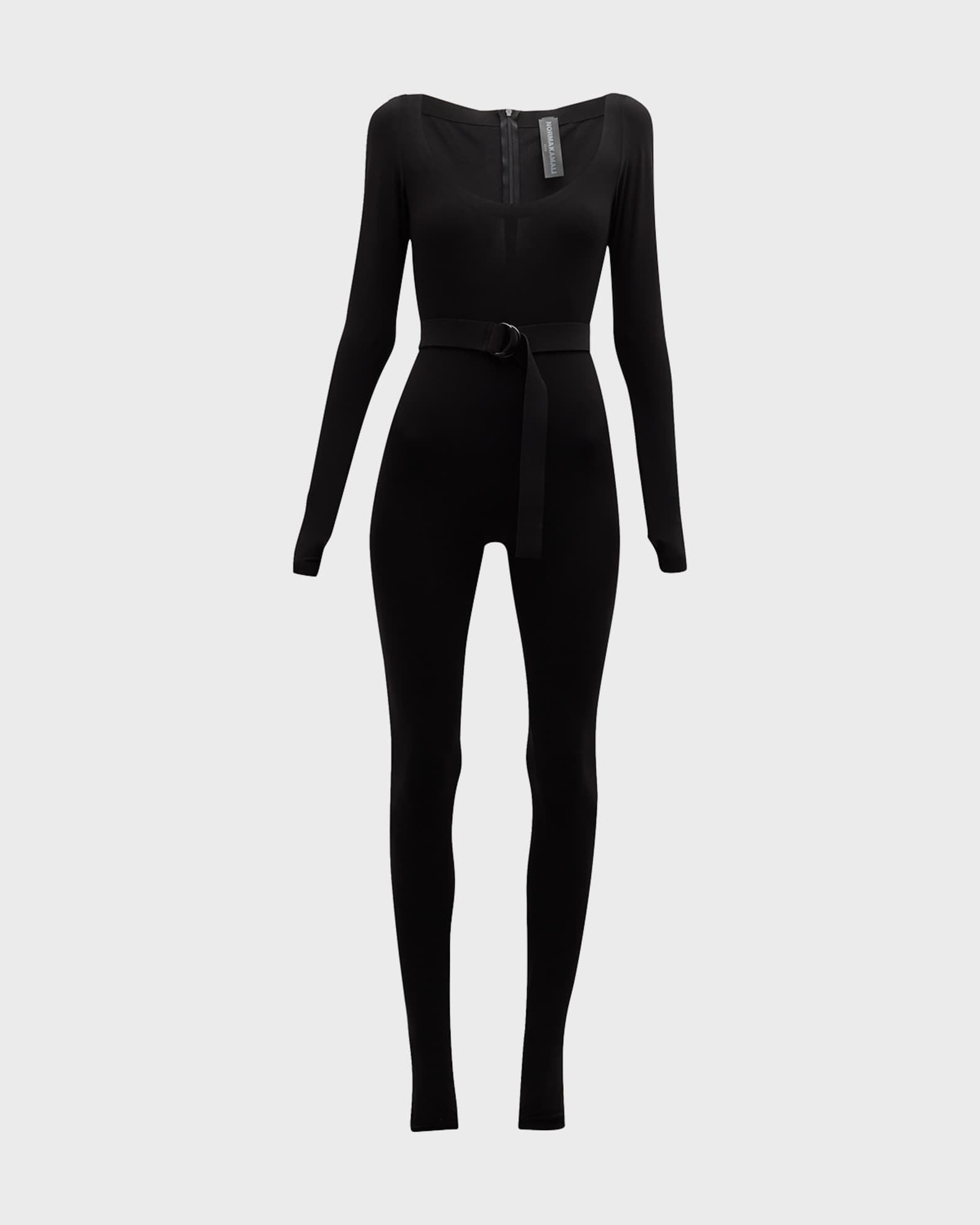 Norma Kamali Scoop-Neck Long-Sleeve Belted Stirrup Catsuit | Neiman Marcus