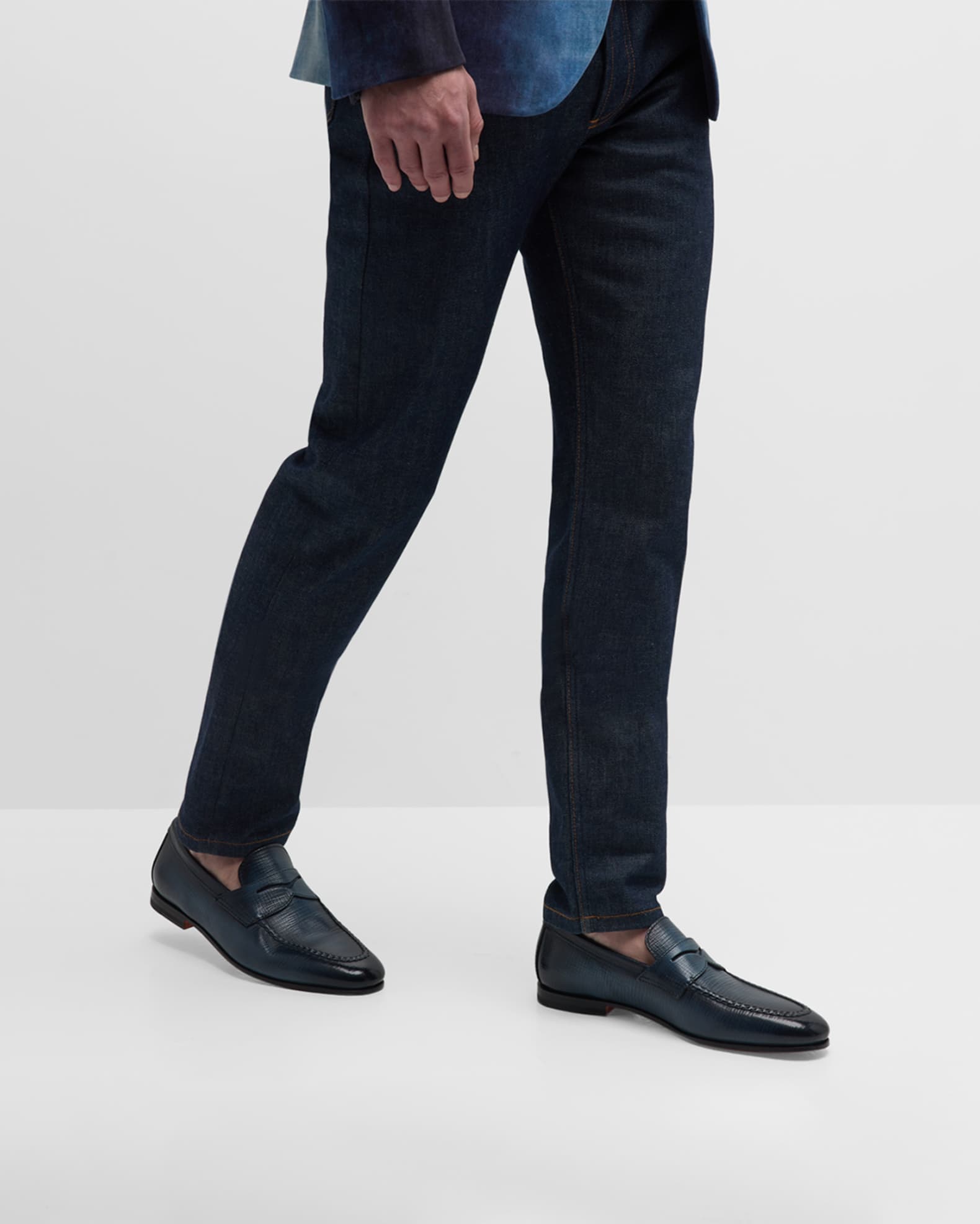 Santoni Men's Door Textured Leather Penny Loafers | Neiman Marcus