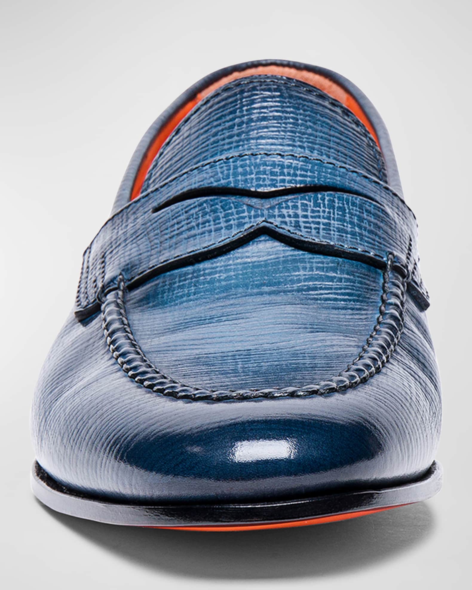 Santoni Men's Door Textured Leather Penny Loafers | Neiman Marcus