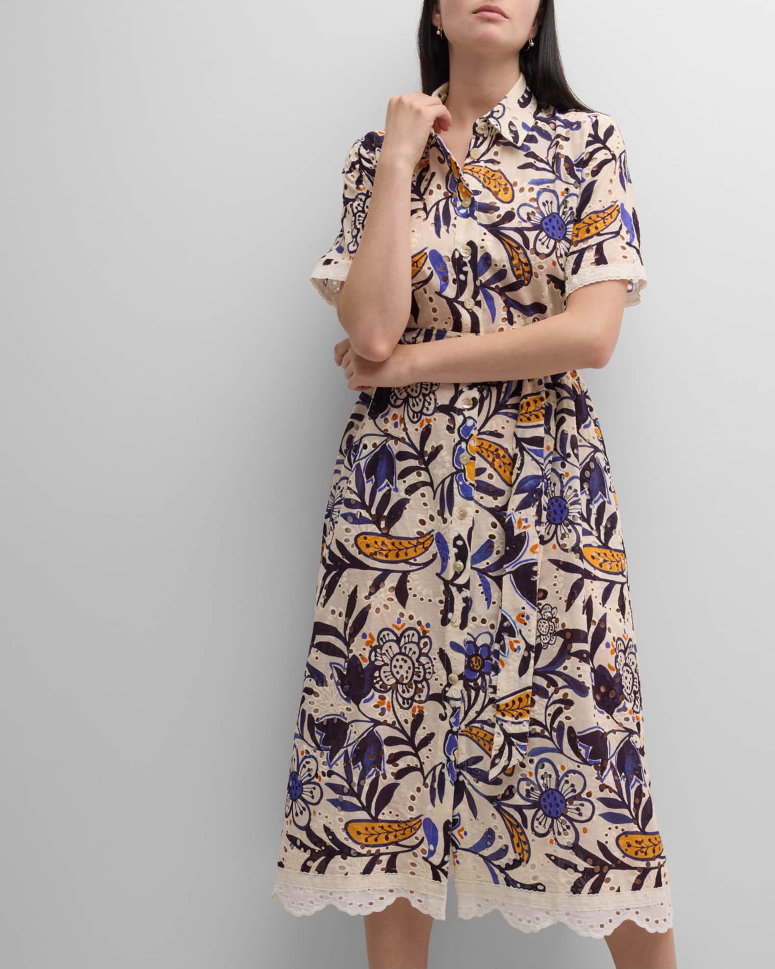 Evi Grintela Valerie Floral-Print Eyelet Midi Shirtdress | Neiman Marcus