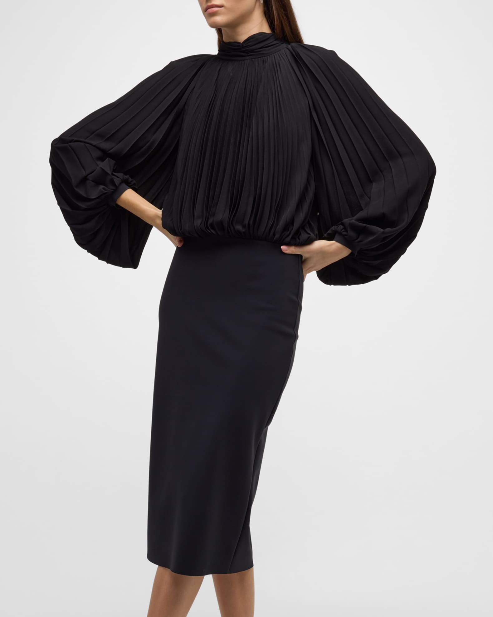 Chiara Boni La Petite Robe Pleated Mock-Neck Blouson-Sleeve Midi Dress ...