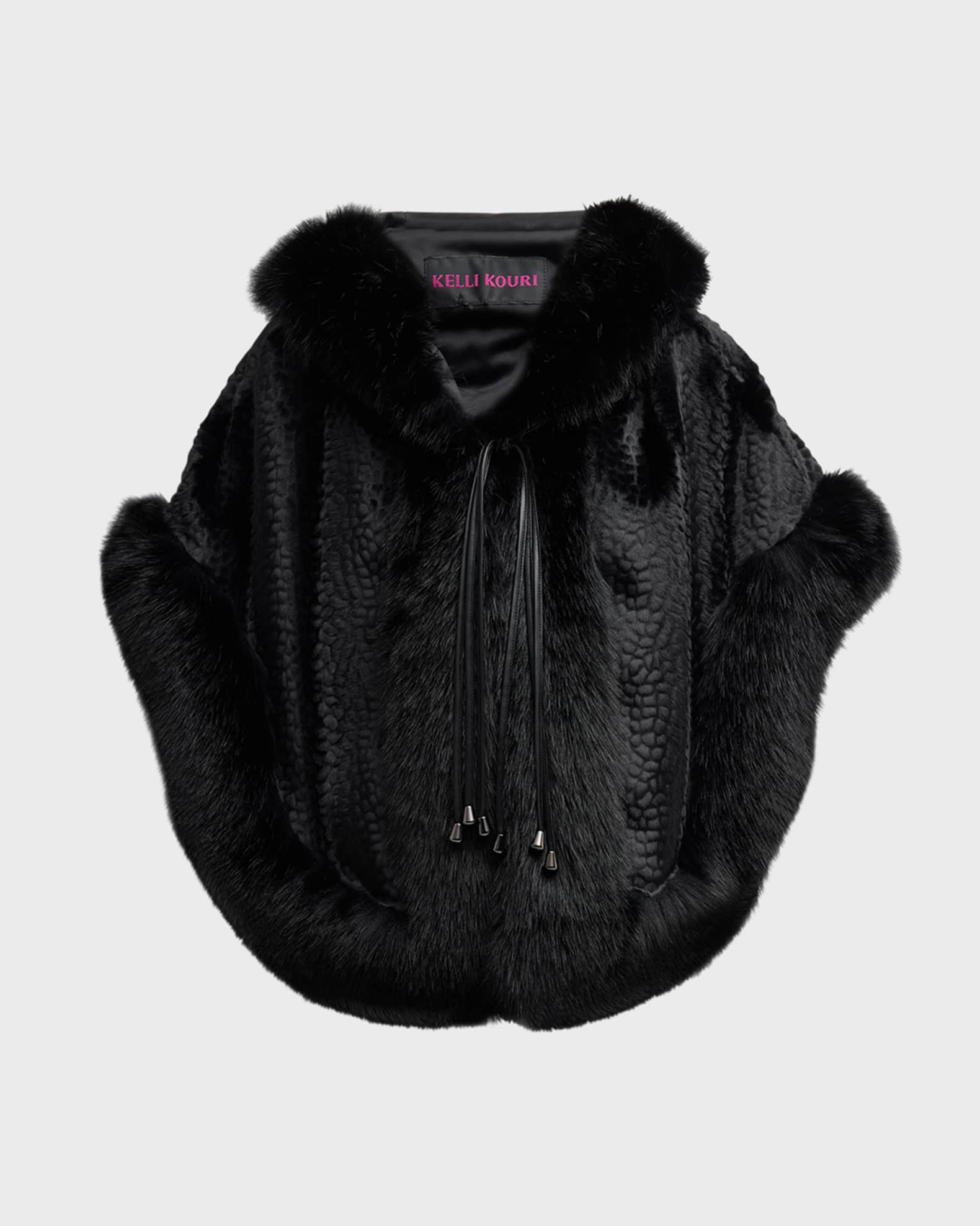 Kelli Kouri Hooded Faux Fur Poncho with Leather Strings | Neiman Marcus