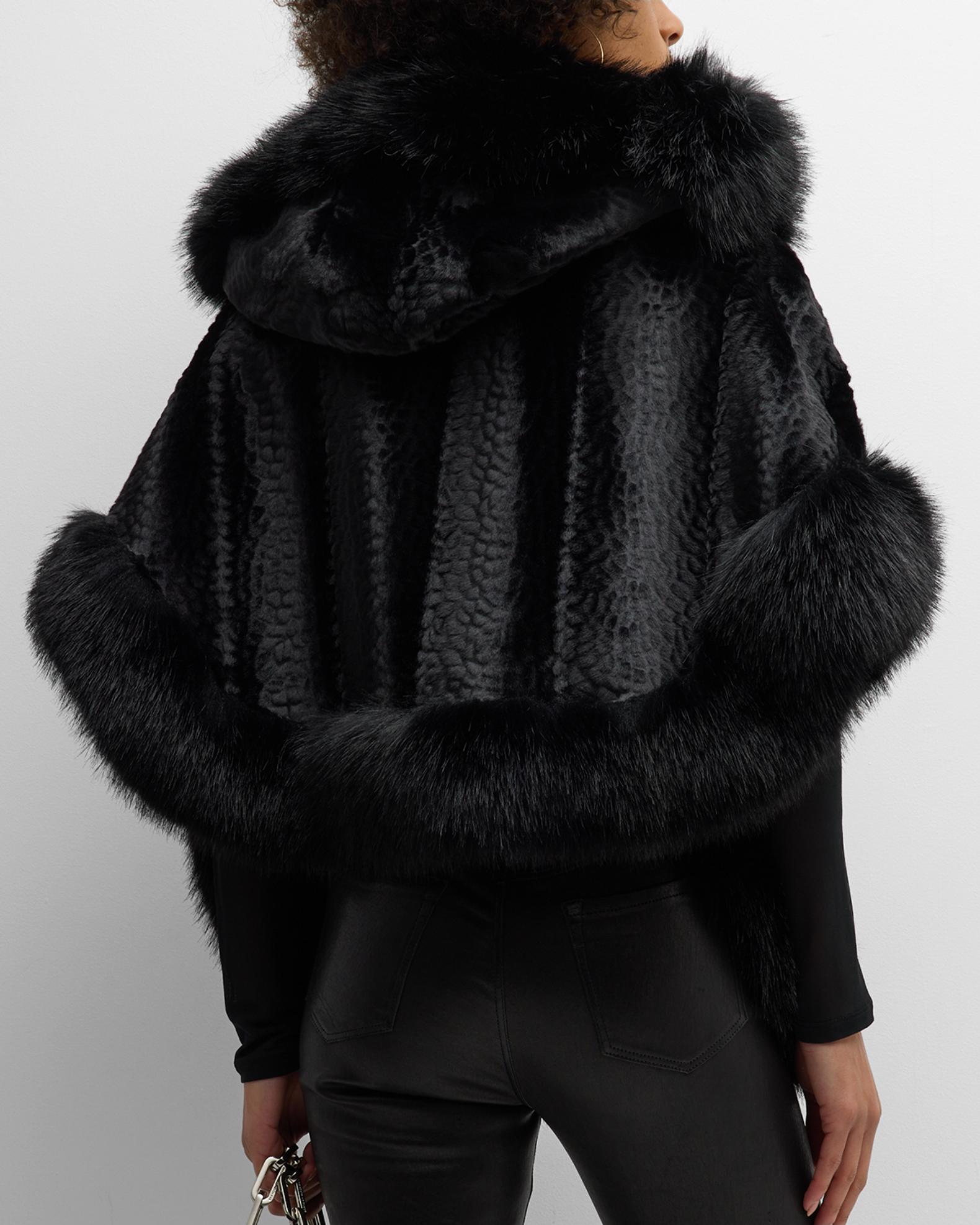 Kelli Kouri Hooded Faux Fur Poncho with Leather Strings | Neiman Marcus