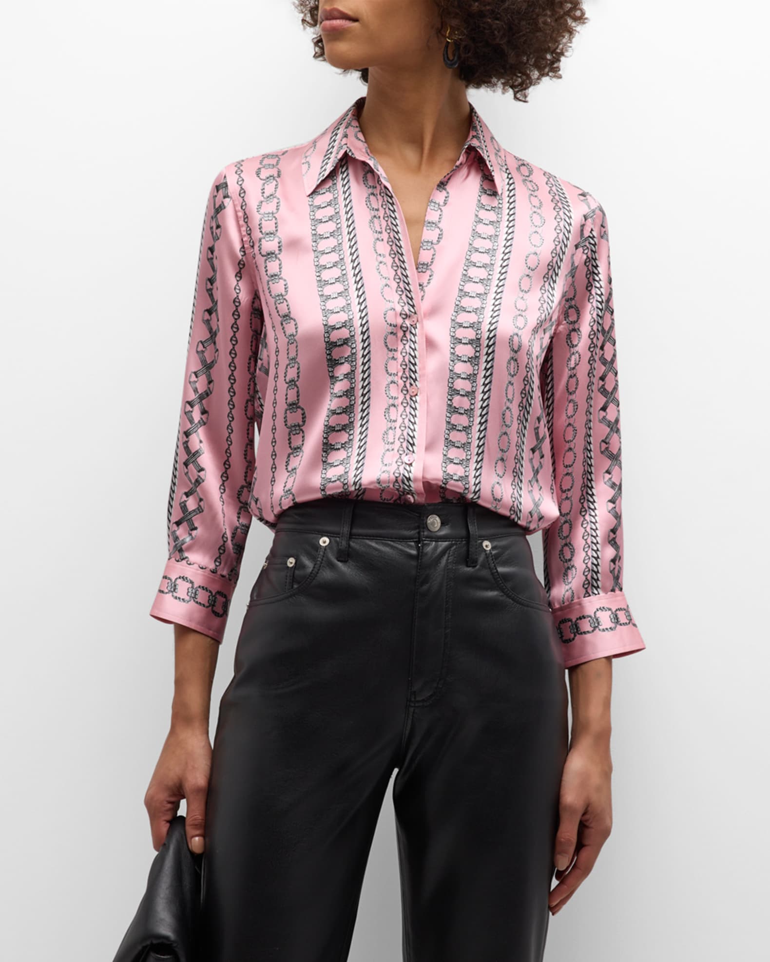 L'Agence Dani Chain-Print Button-Front Silk Blouse | Neiman Marcus