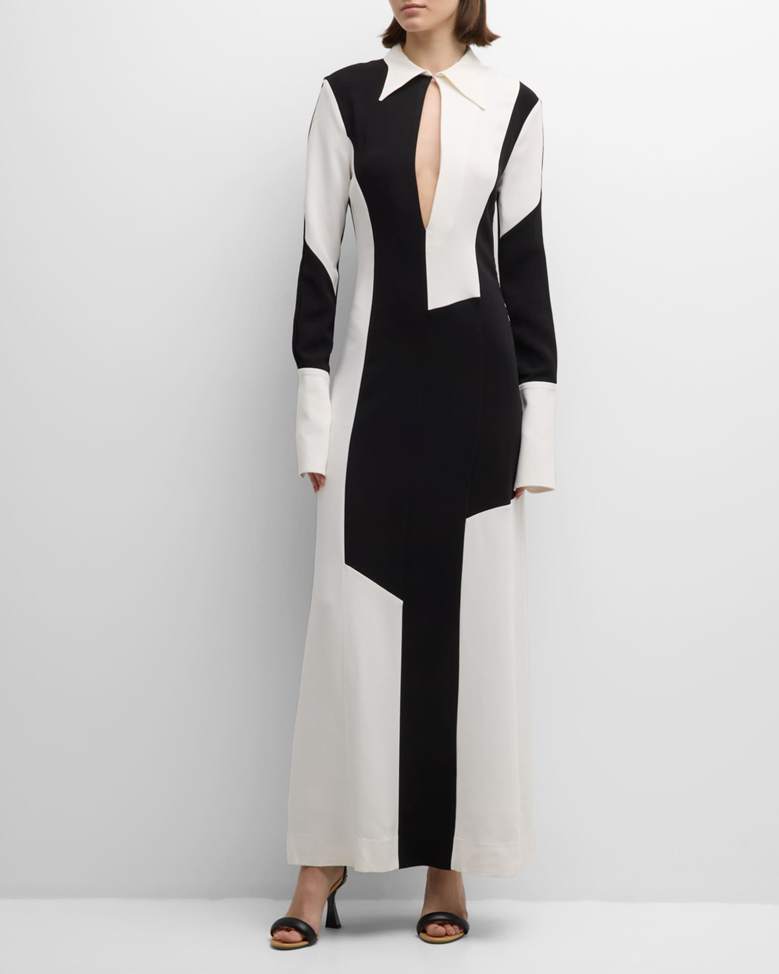 BITE Studios Colorblock Paneled Long-Sleeve Keyhole Collared Gown | Neiman Marcus