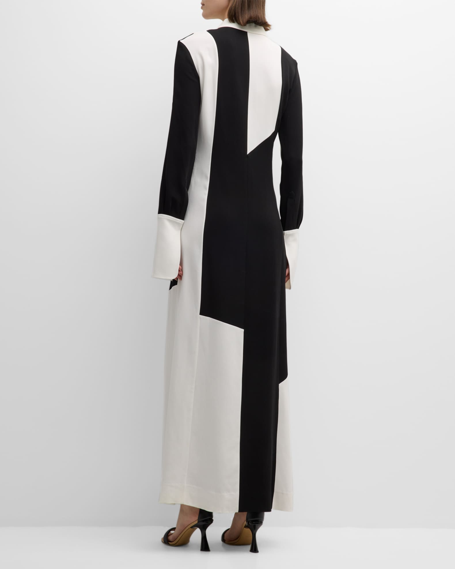 BITE Studios Colorblock Paneled Long-Sleeve Keyhole Collared Gown | Neiman Marcus