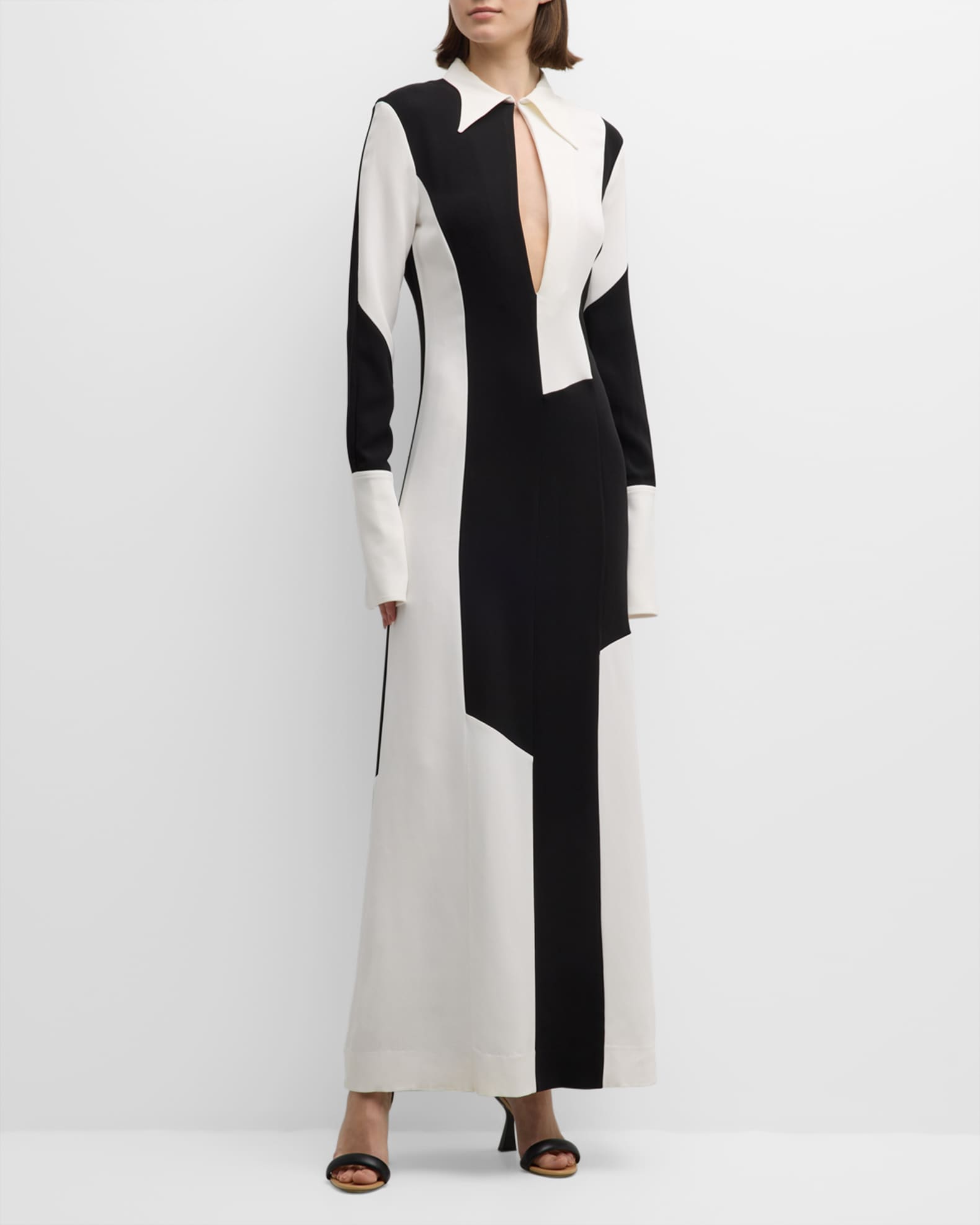 BITE Studios Colorblock Paneled Long-Sleeve Keyhole Collared Gown | Neiman Marcus