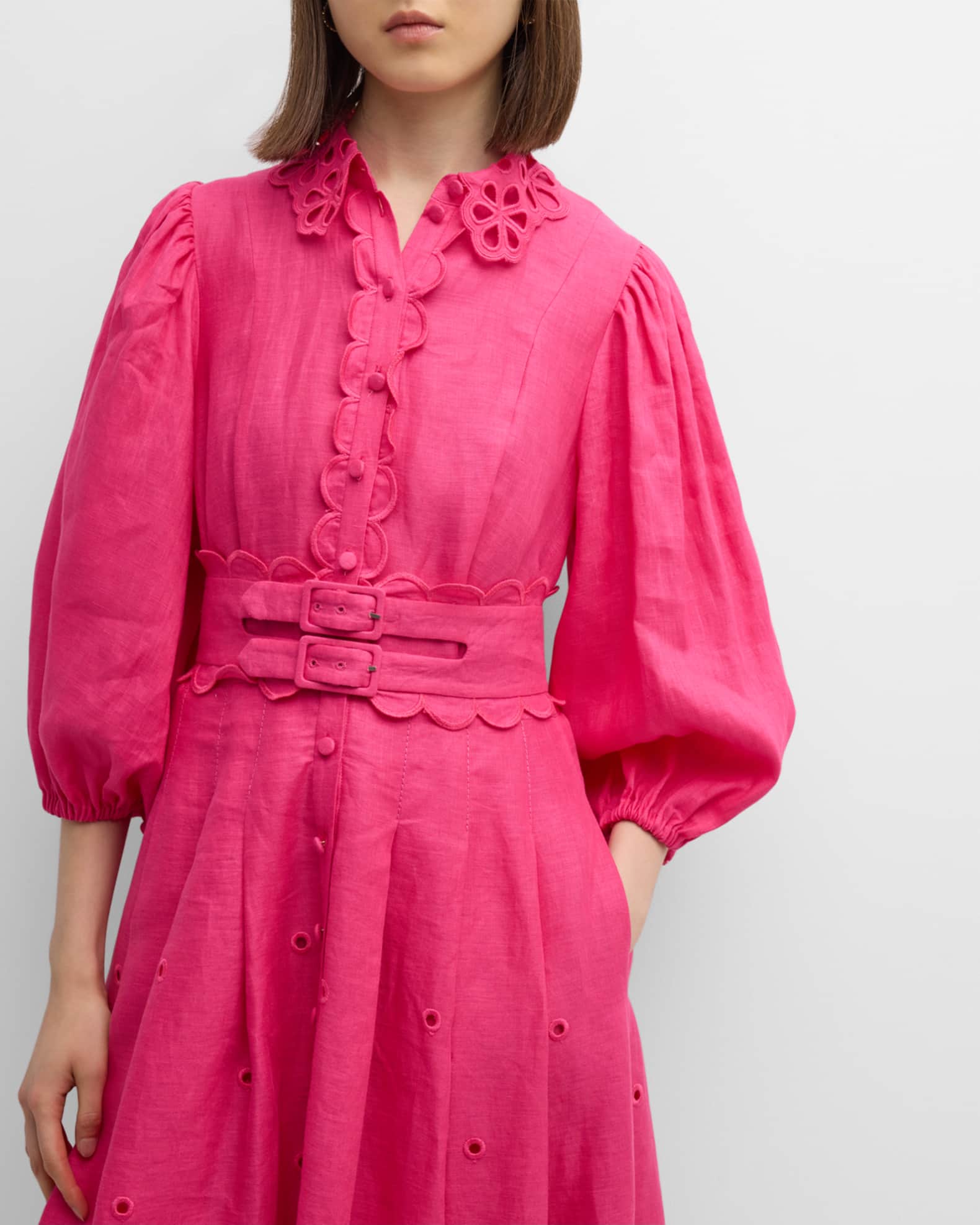 Maison Common Belted Linen Midi Dress with Floral Cutout Detail ...