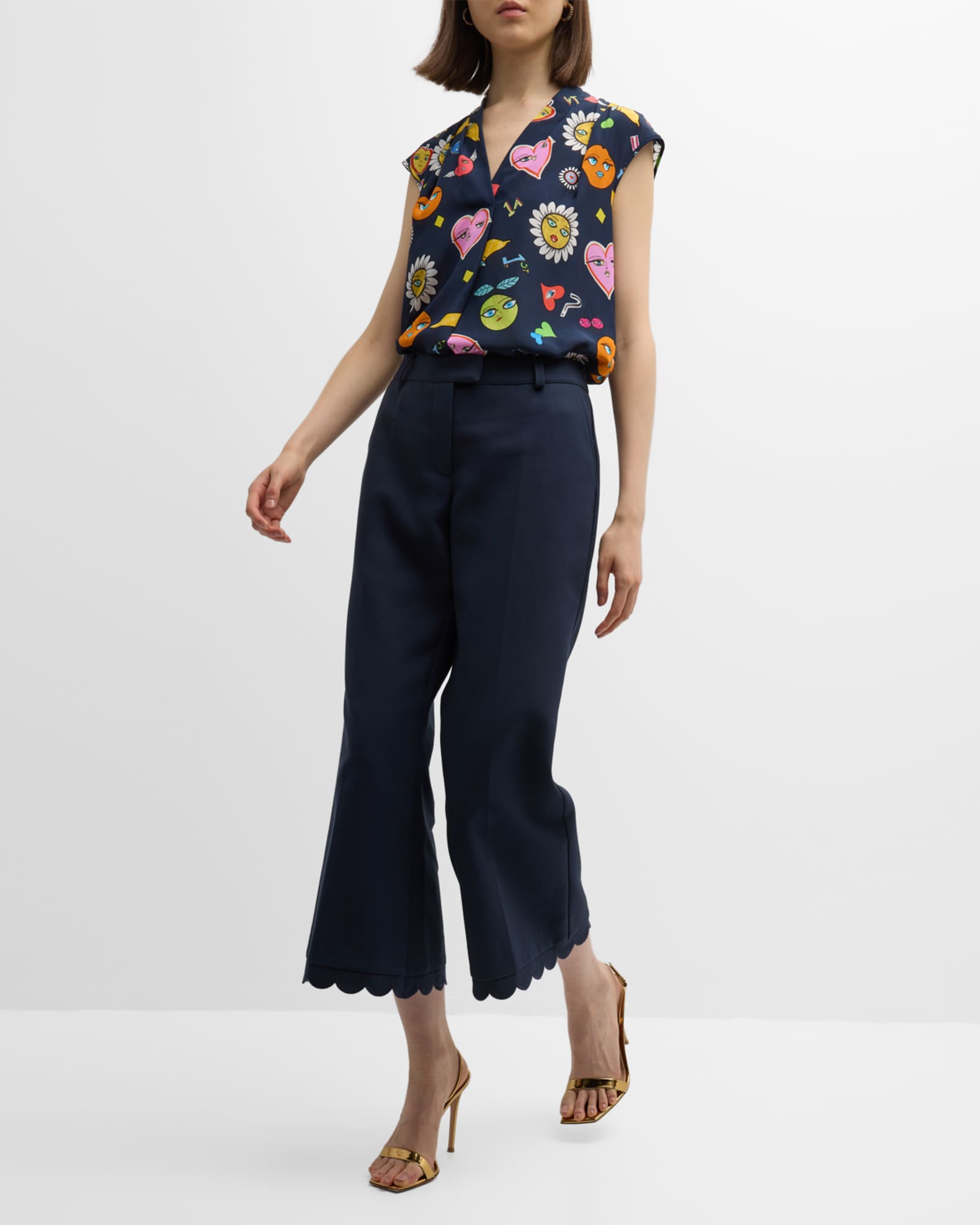 Maison Common Flared Wide-Leg Trousers with Scallop Trim | Neiman Marcus