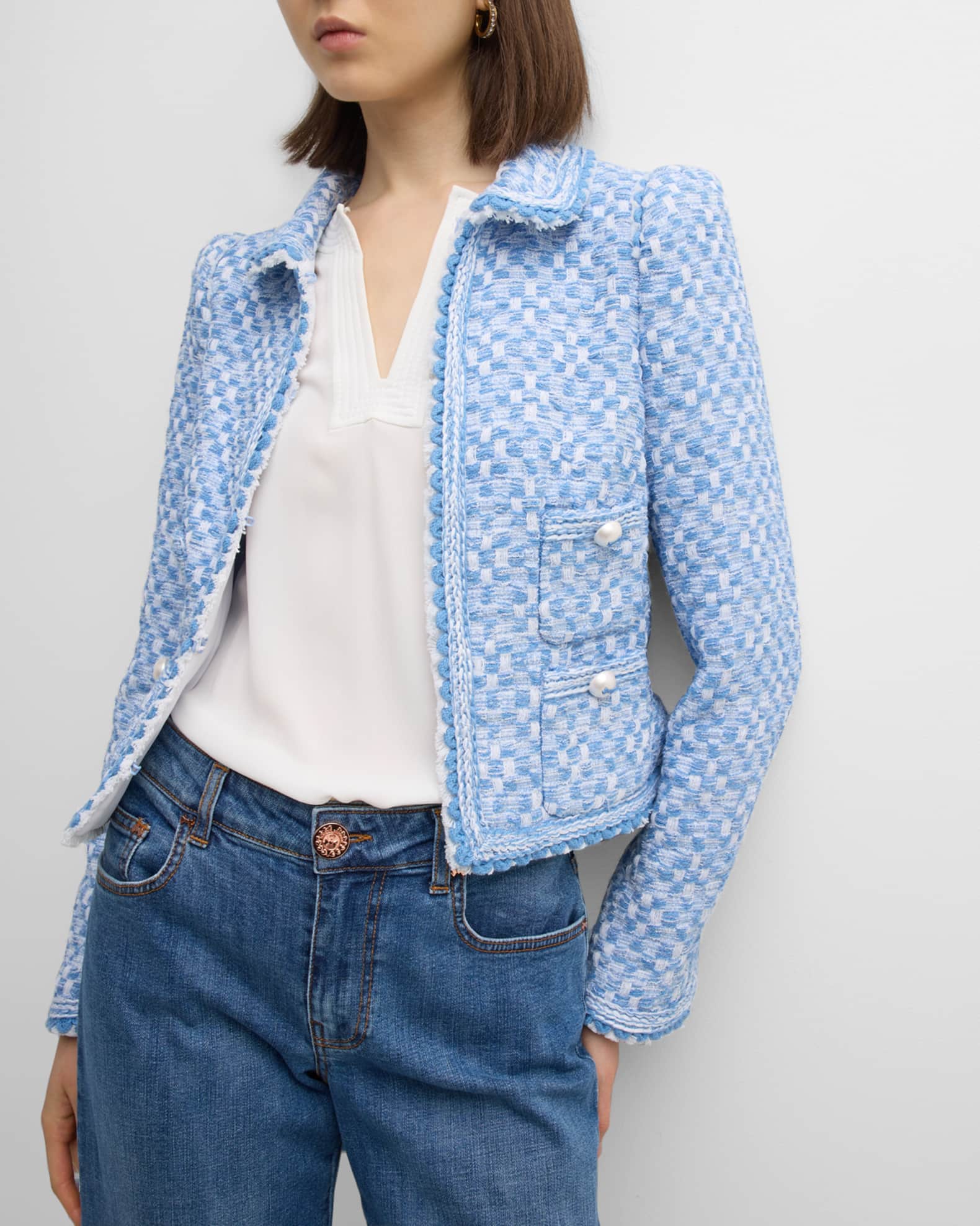 Maison Common Tweed Short Jacket with Pearlescent Buttons | Neiman Marcus