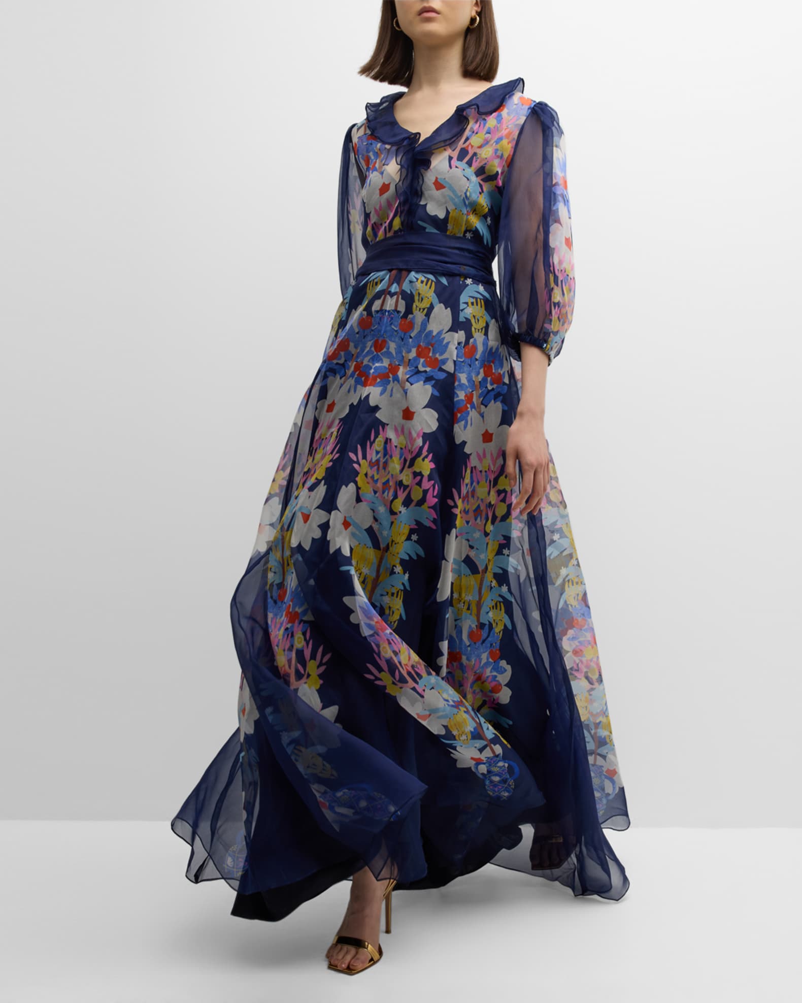 Maison Common Floral-Print 3/4-Sleeve Ruffle Silk Organza Gown | Neiman ...