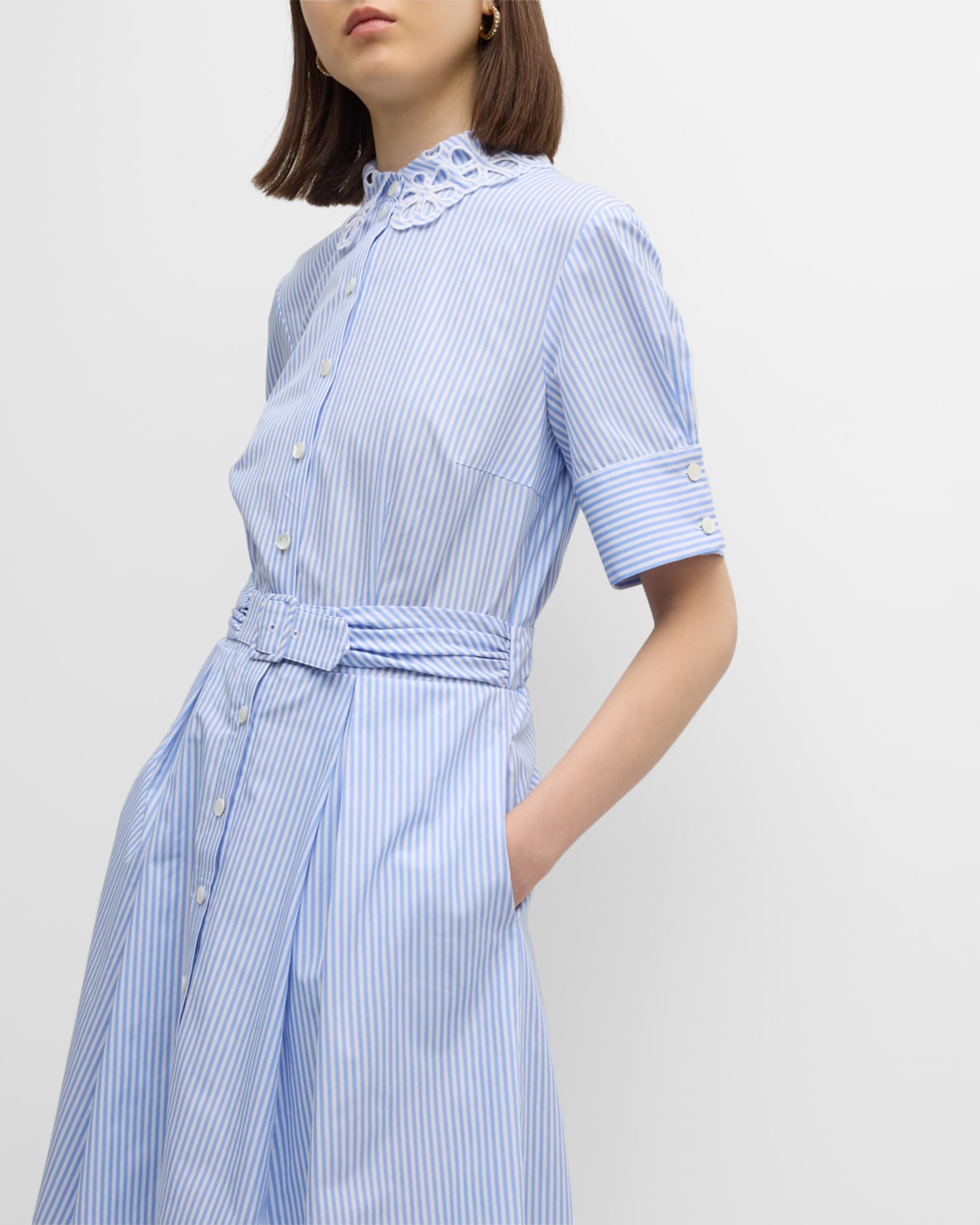 Maison Common Striped Eyelet-Collar Belted Short-Sleeve Shirtdress With ...