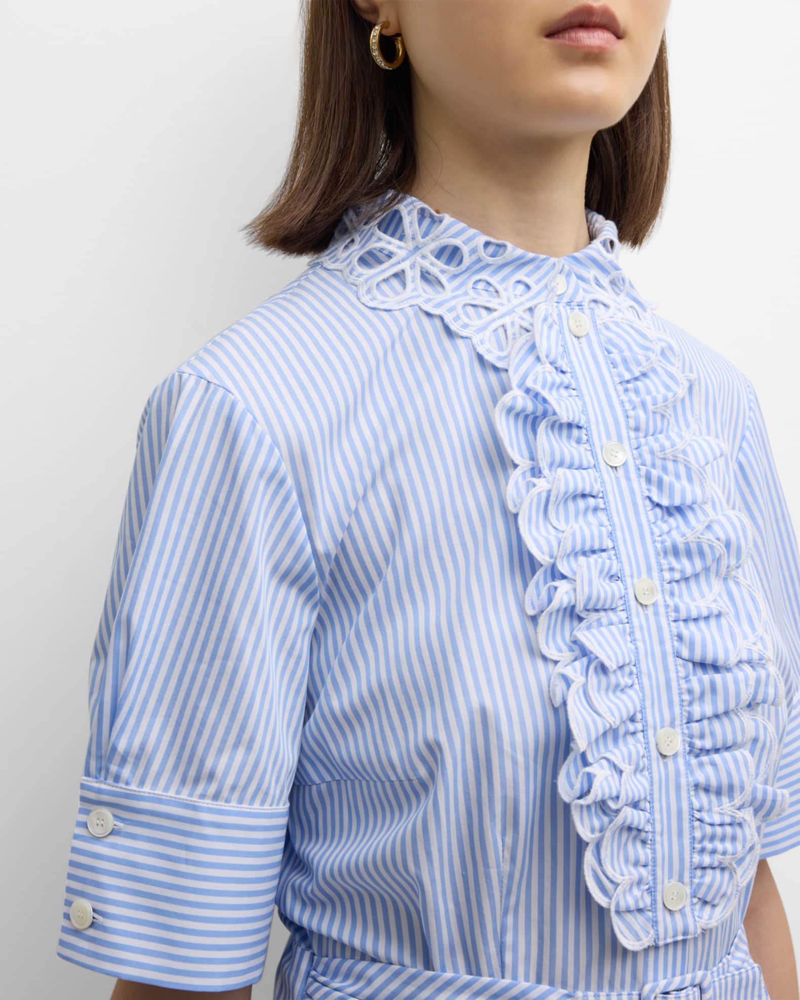 Maison Common Striped Eyelet-Collar Belted Short-Sleeve Shirtdress With ...