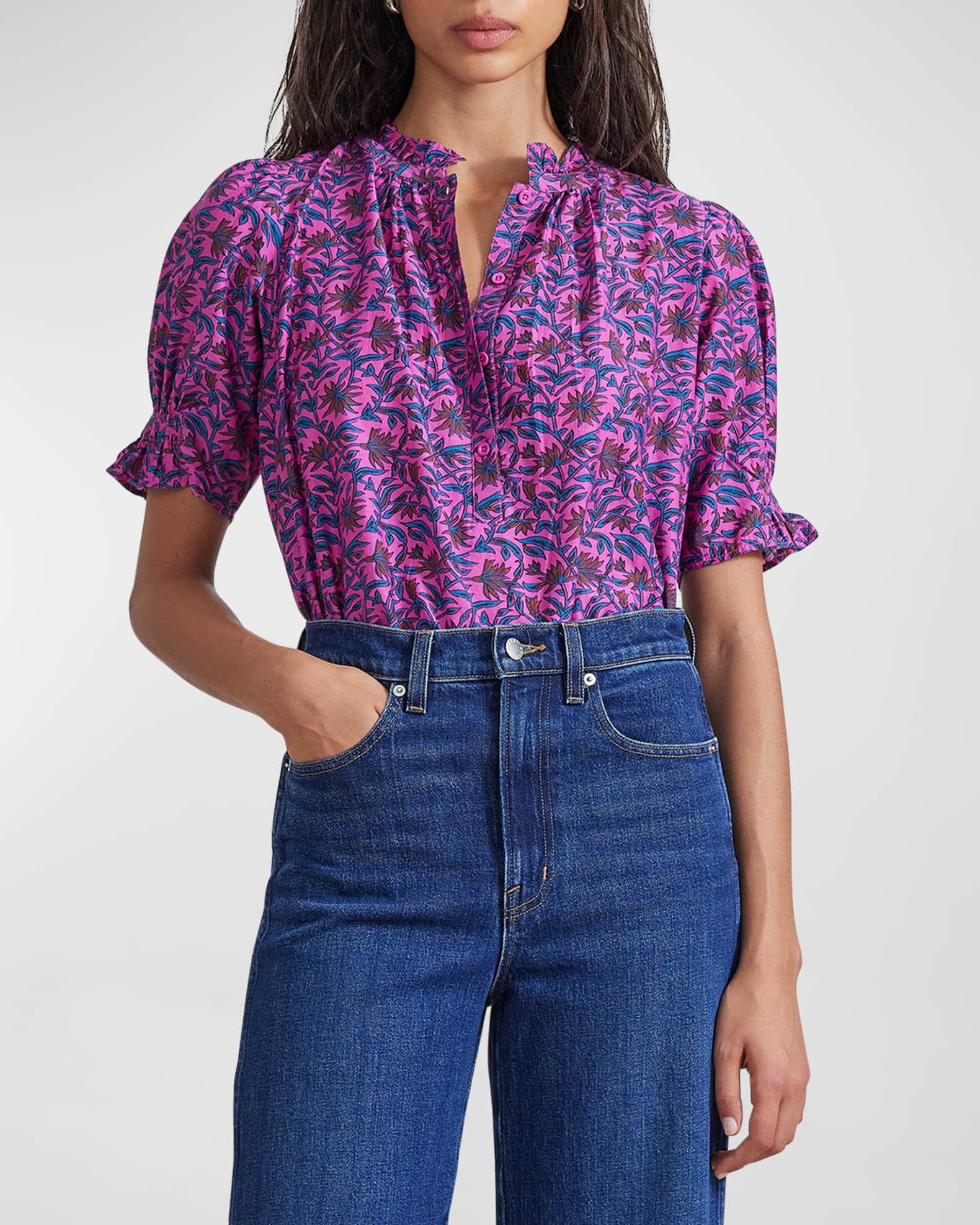 Apiece Apart Los Altos Botanical-Print Puff-Sleeve Top | Neiman Marcus