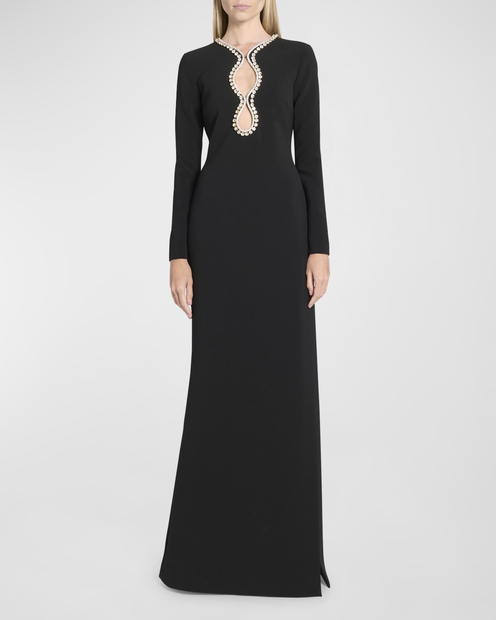 Elie Saab Crystal Long-Sleeve Thigh-Slit Cady Gown | Neiman Marcus