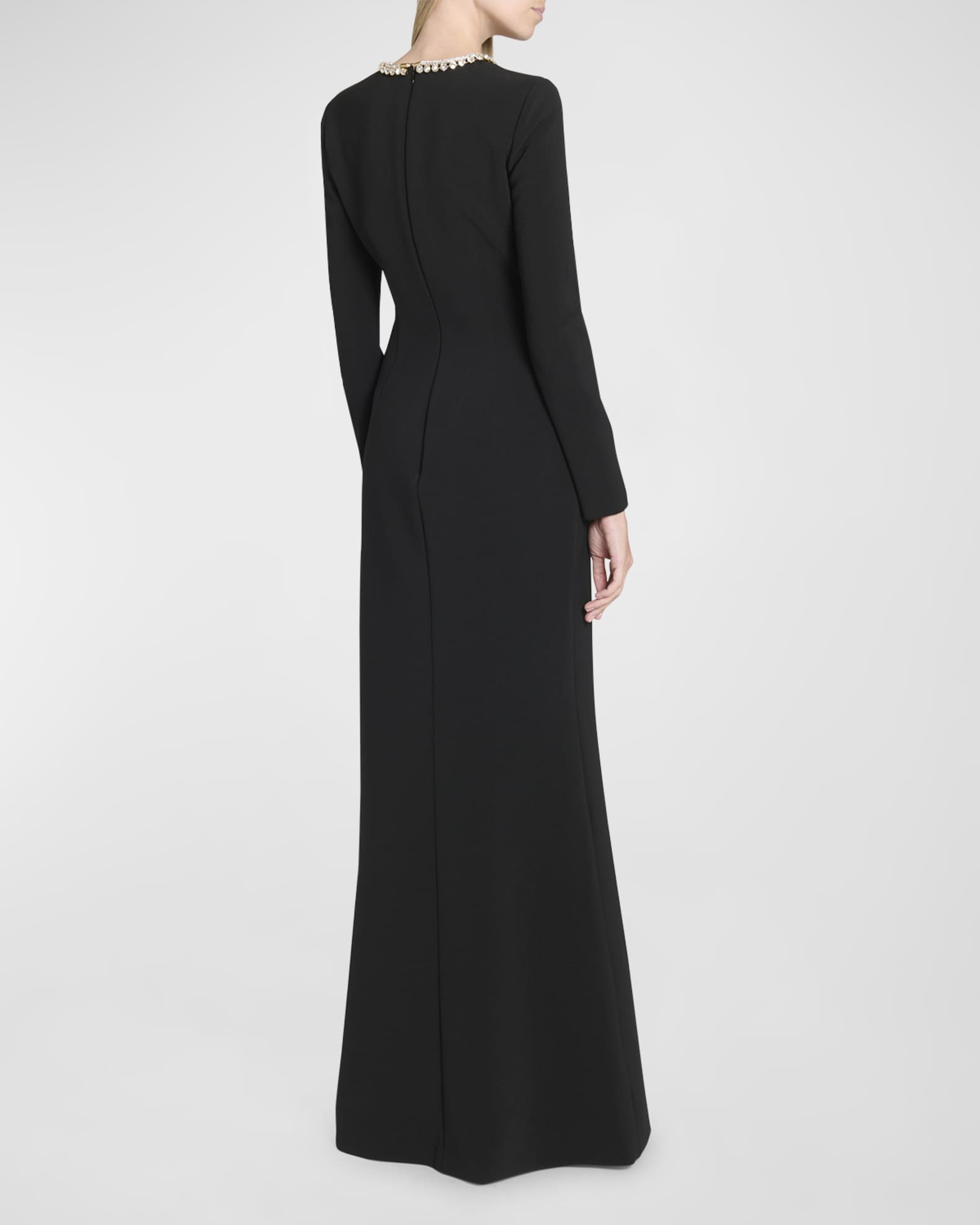 Elie Saab Crystal Long-Sleeve Thigh-Slit Cady Gown | Neiman Marcus