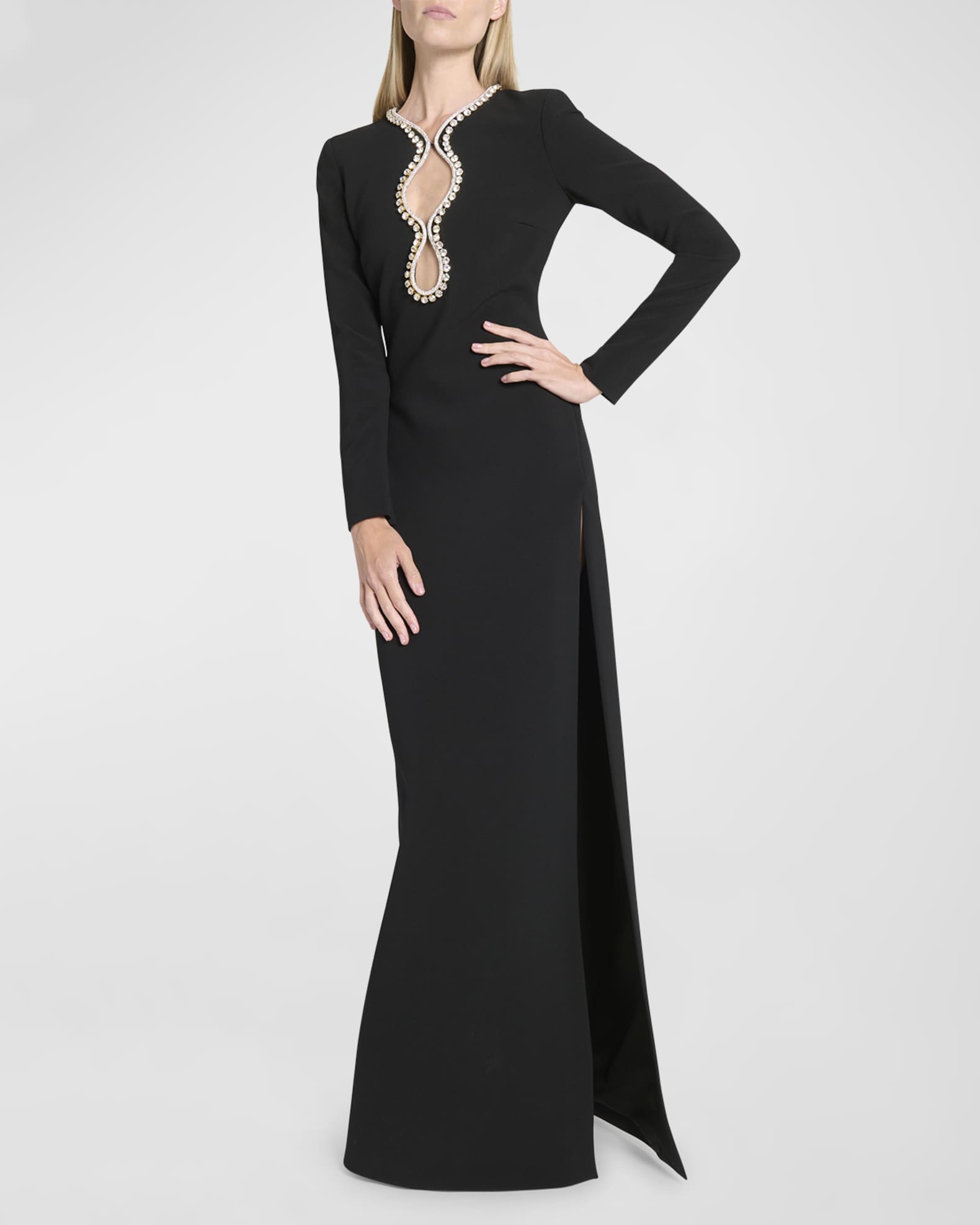 Elie Saab Crystal Long-Sleeve Thigh-Slit Cady Gown | Neiman Marcus