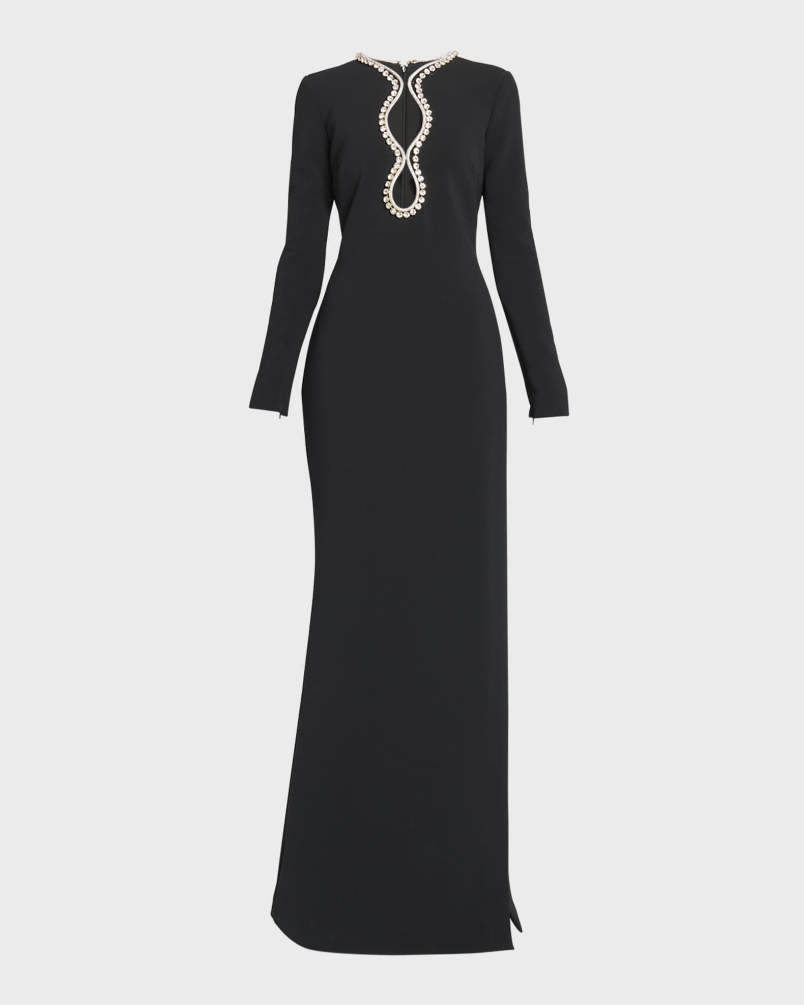 Elie Saab Crystal Long-Sleeve Thigh-Slit Cady Gown | Neiman Marcus