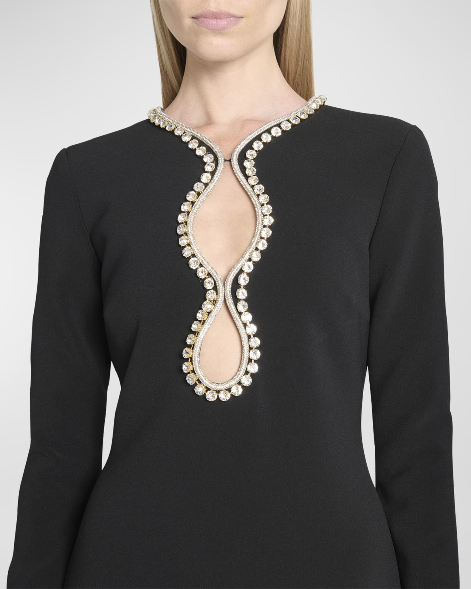 Elie Saab Crystal Long-Sleeve Thigh-Slit Cady Gown | Neiman Marcus