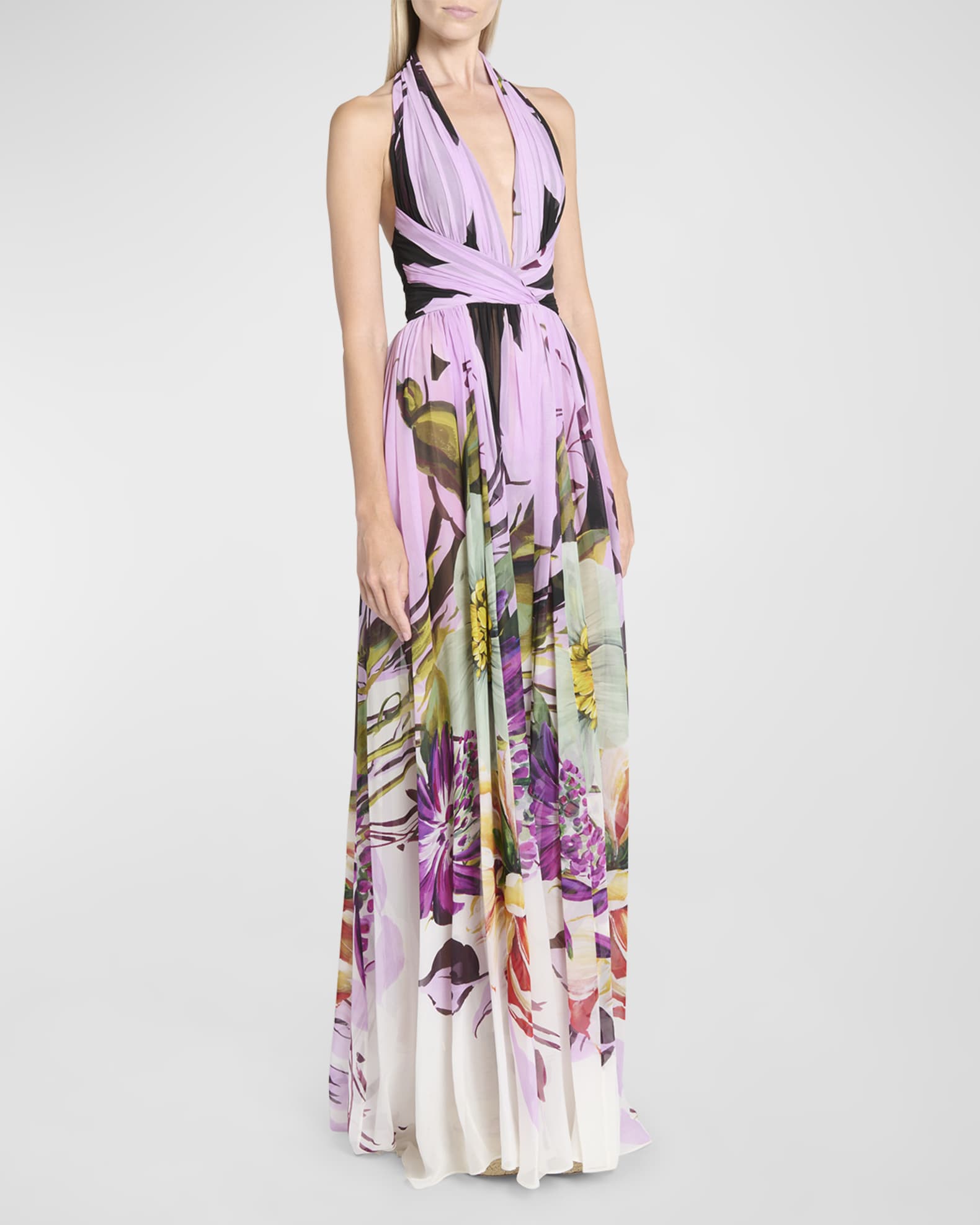 Elie Saab Floral-Print Plunging Halter Silk Gown | Neiman Marcus
