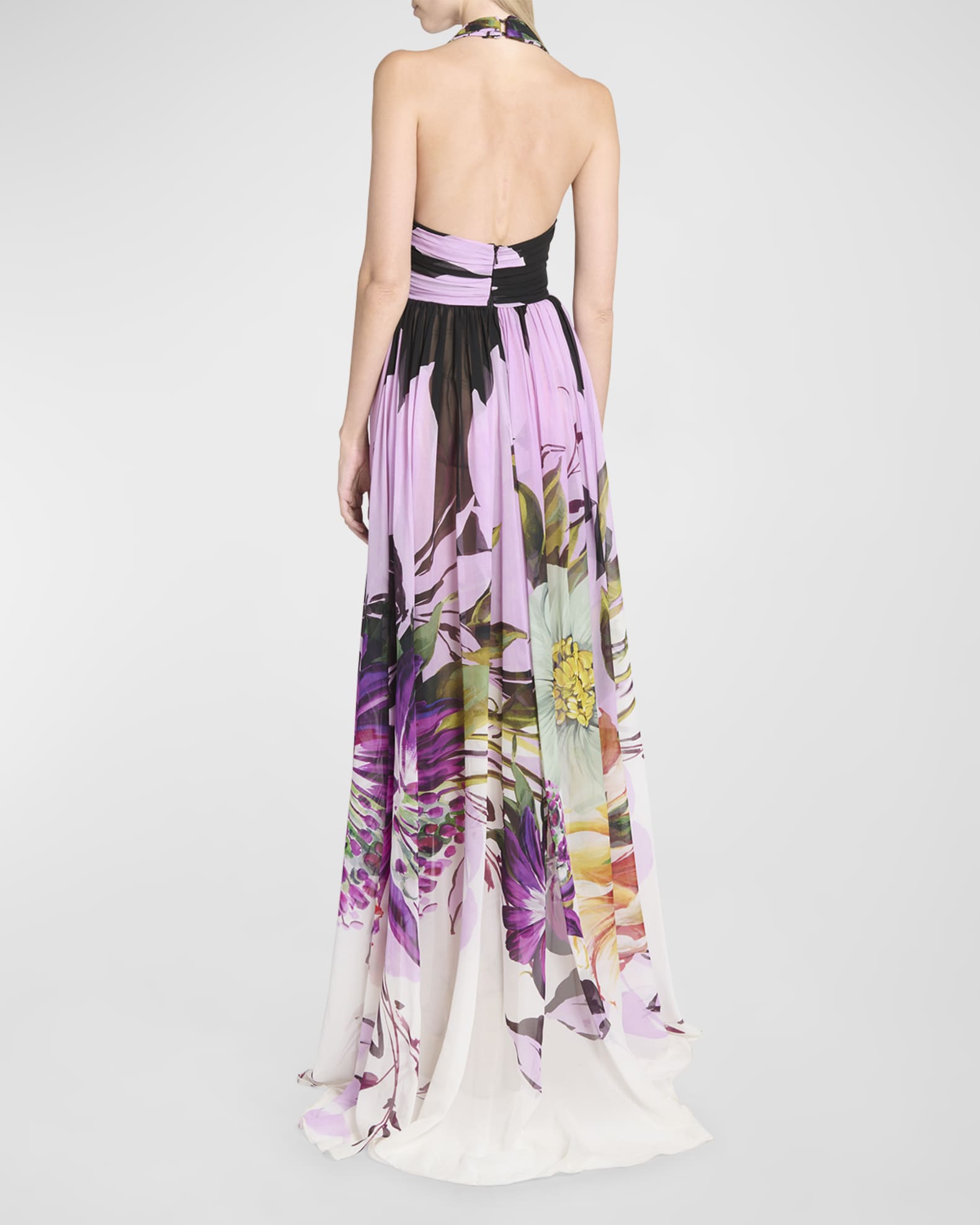 Elie Saab Floral-Print Plunging Halter Silk Gown | Neiman Marcus