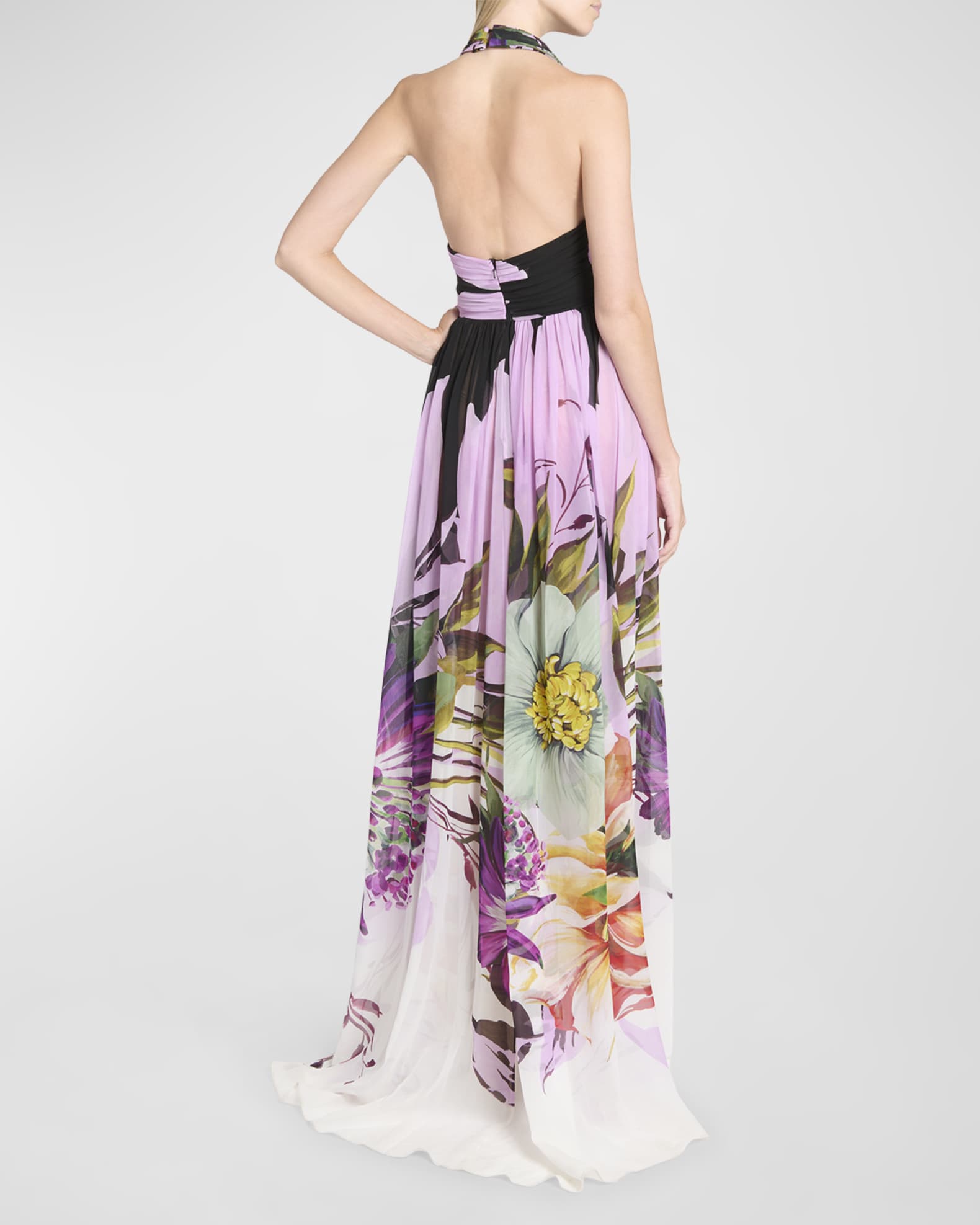 Elie Saab Floral-Print Plunging Halter Silk Gown | Neiman Marcus