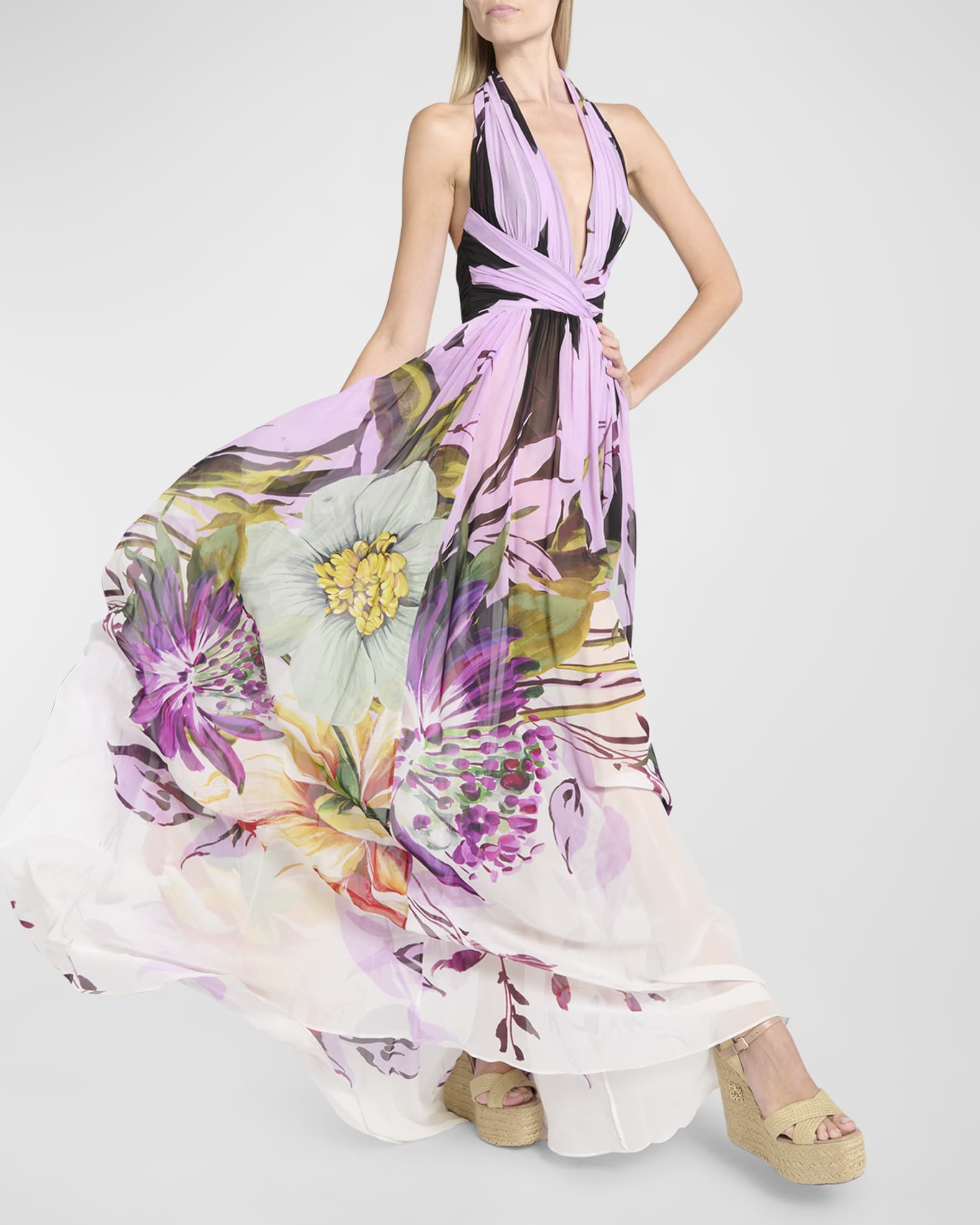 Elie Saab Floral-Print Plunging Halter Silk Gown | Neiman Marcus