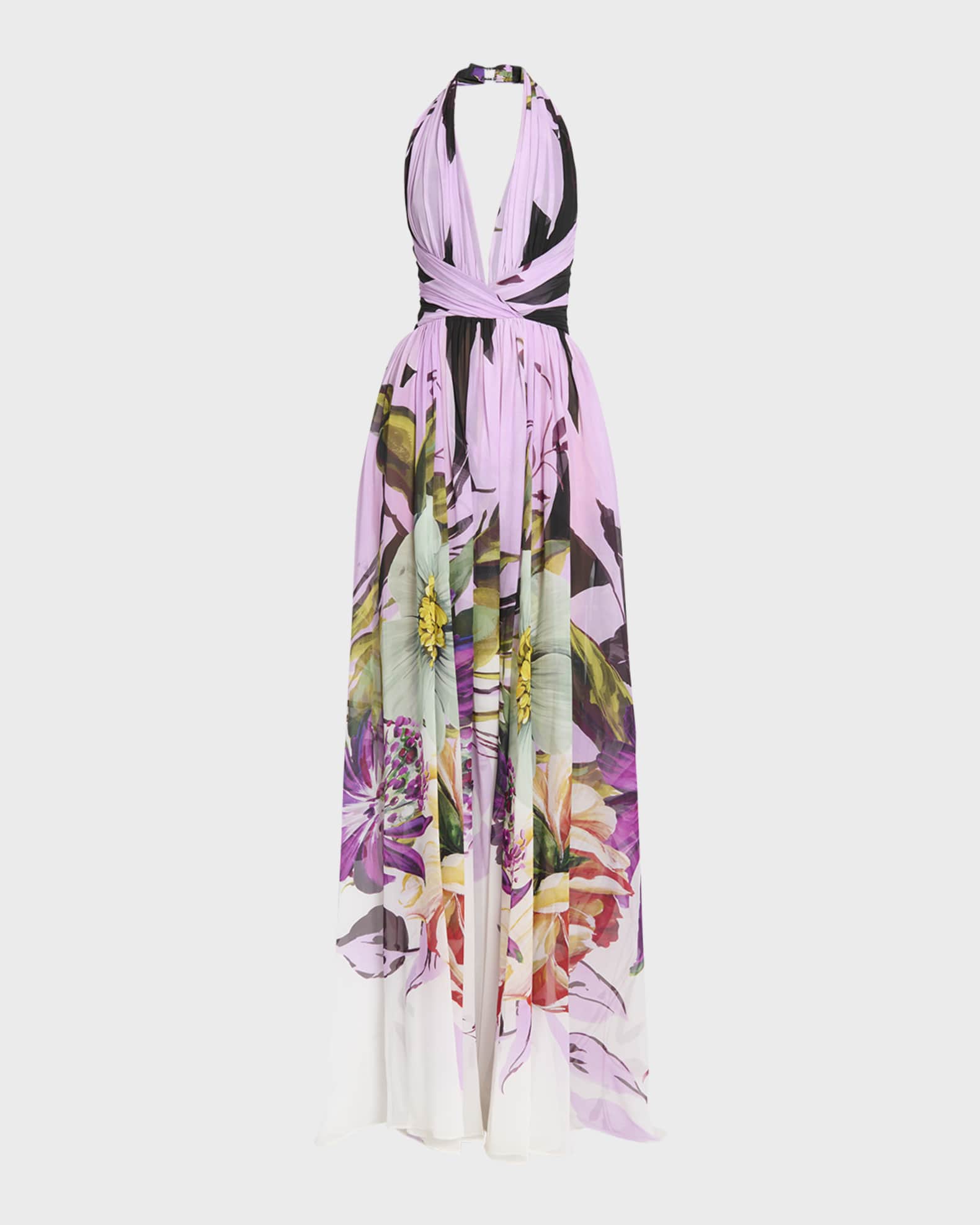 Elie Saab Floral-Print Plunging Halter Silk Gown | Neiman Marcus