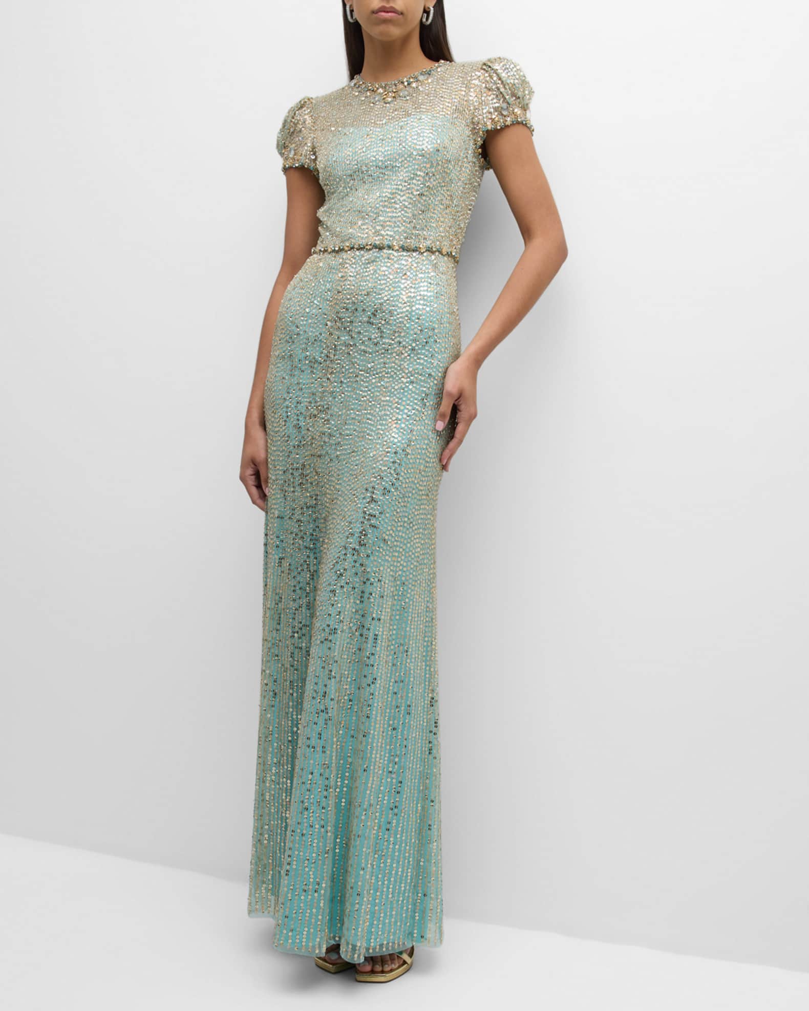 Jenny Packham Nerissa Embellished Puff-Sleeve Trumpet Gown | Neiman Marcus