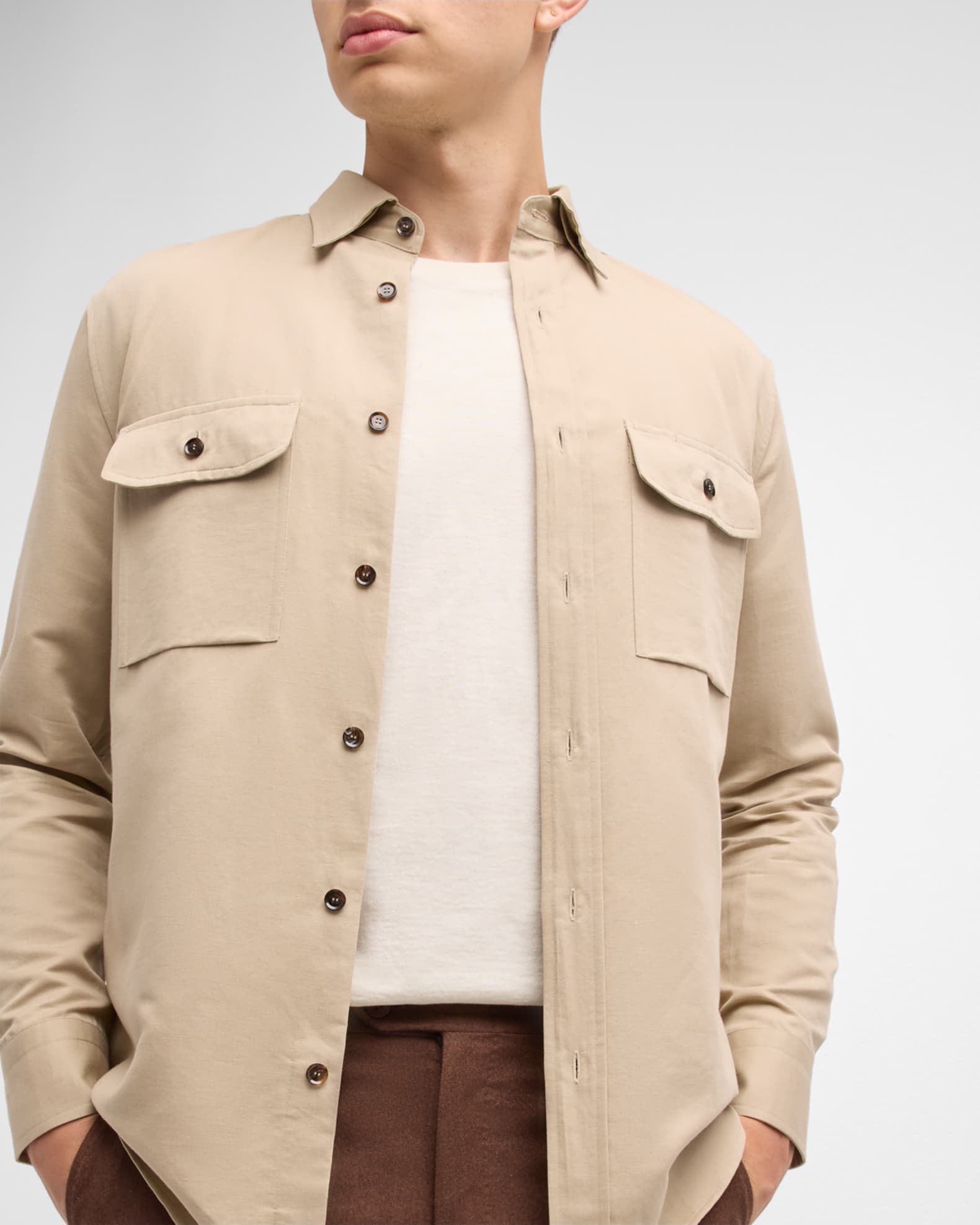 Brioni Men's Linen-Cotton Military Overshirt | Neiman Marcus