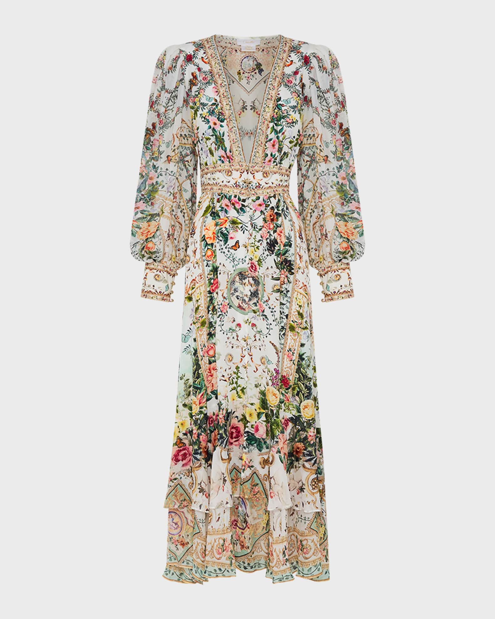 Camilla Long Frilled Silk Button-Front Dress | Neiman Marcus
