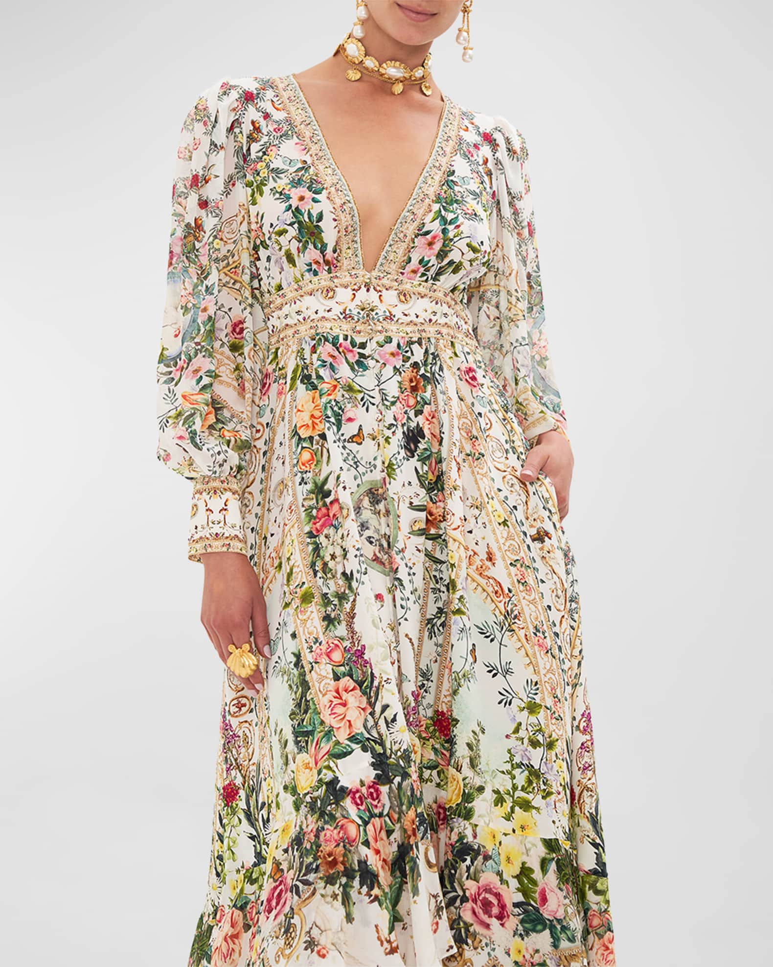 Camilla Long Frilled Silk Button-Front Dress | Neiman Marcus