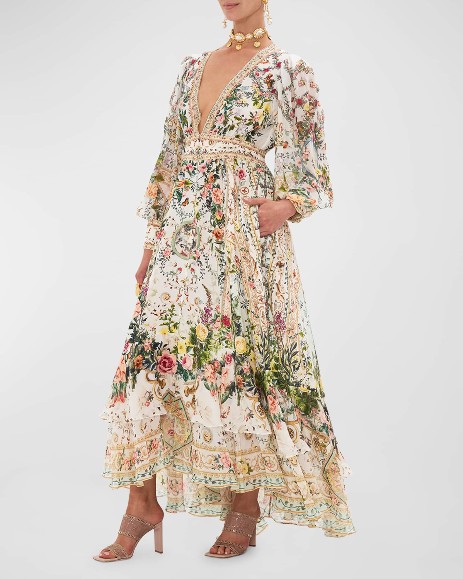 Camilla Long Frilled Silk Button-Front Dress | Neiman Marcus