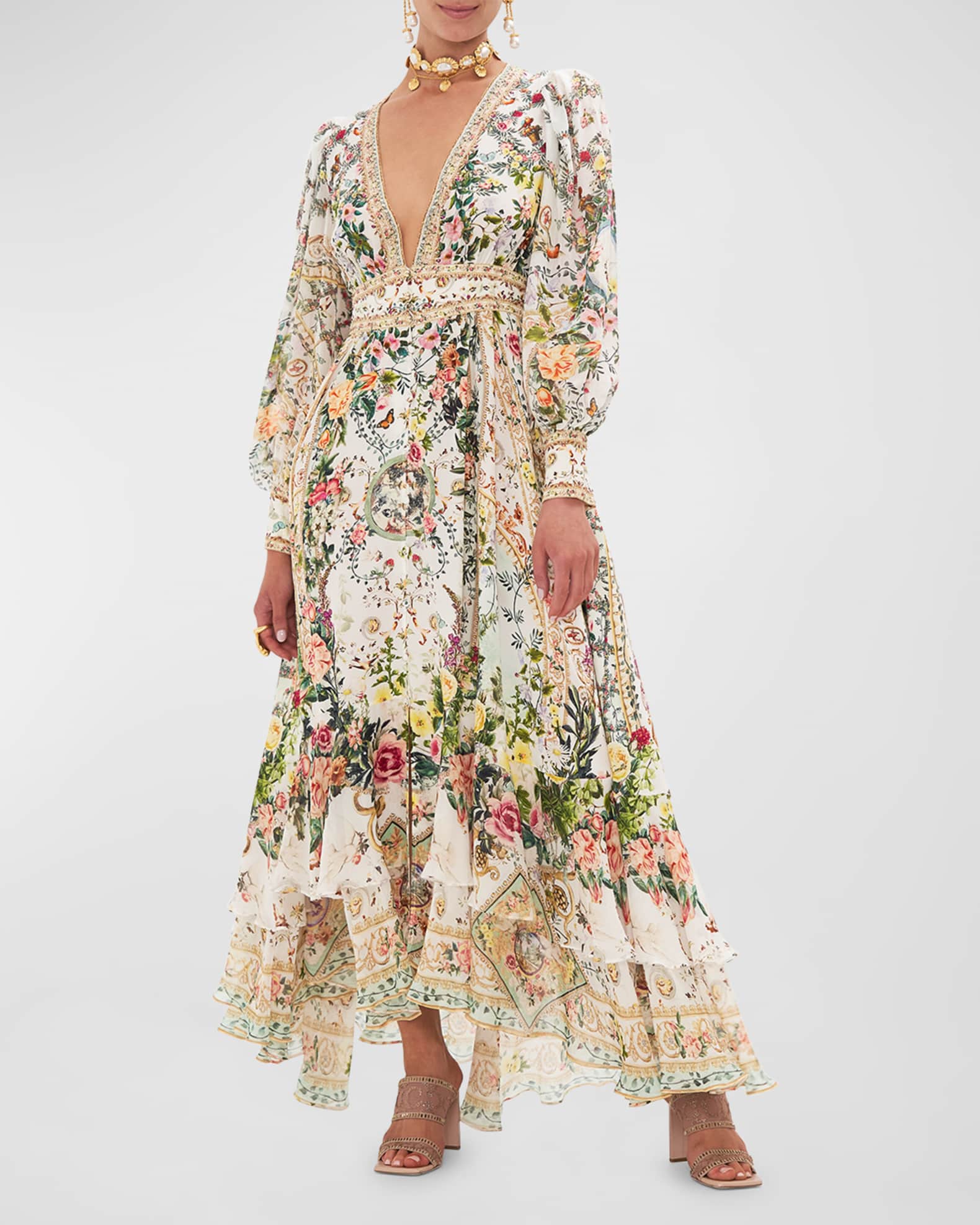 Camilla Long Frilled Silk Button-Front Dress | Neiman Marcus