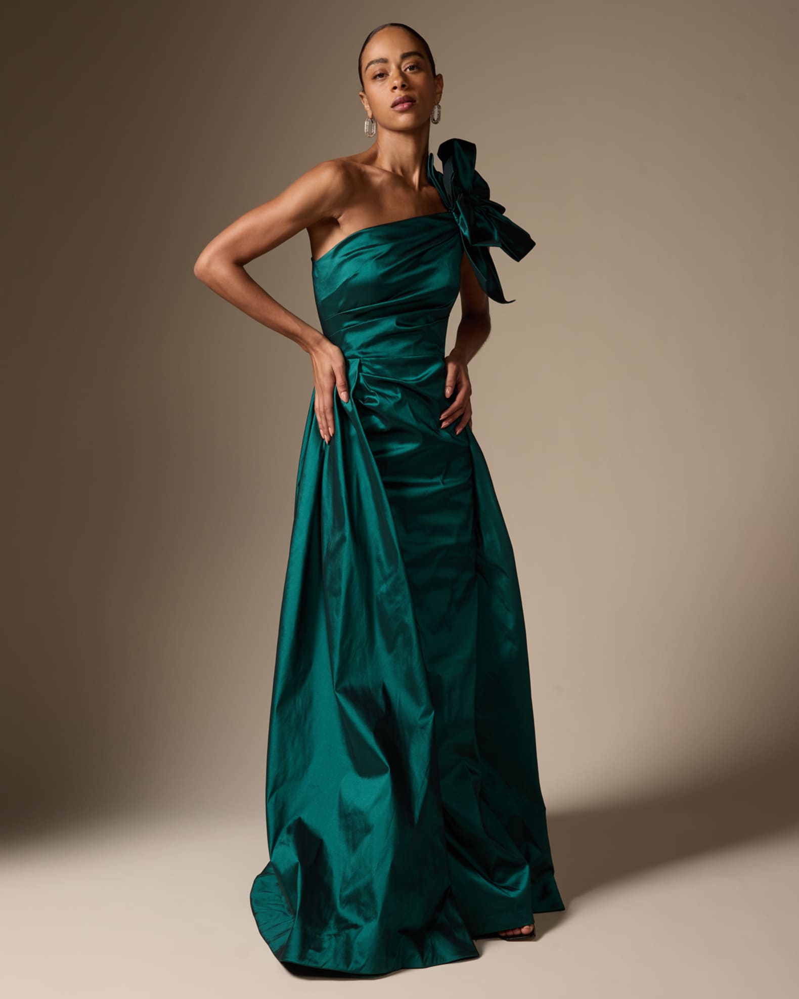 Rickie Freeman for Teri Jon One-Shoulder Pleated Stretch Taffeta Gown ...