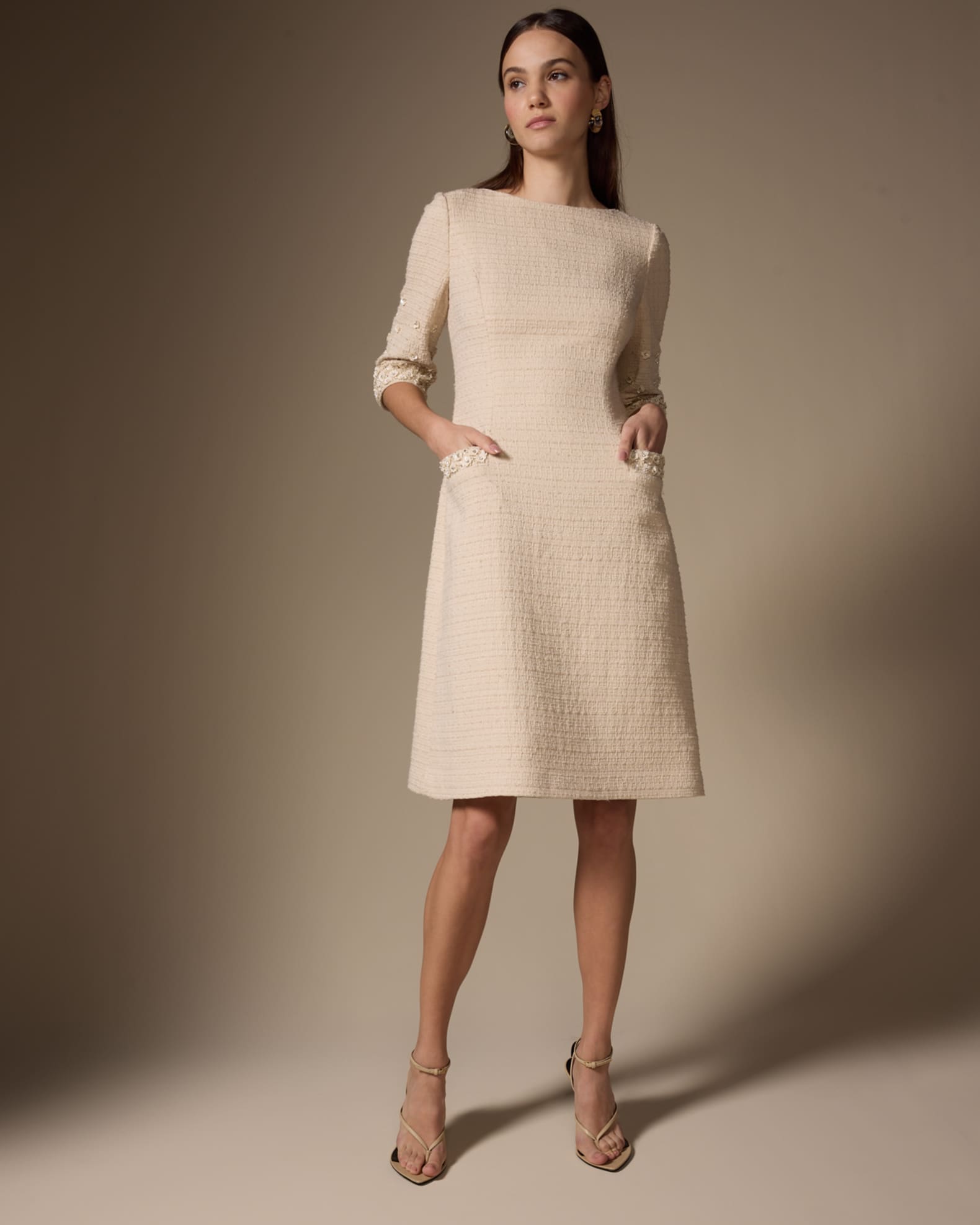 Rickie Freeman for Teri Jon Beaded 3/4-Sleeve Boucle Tweed Midi Dress ...