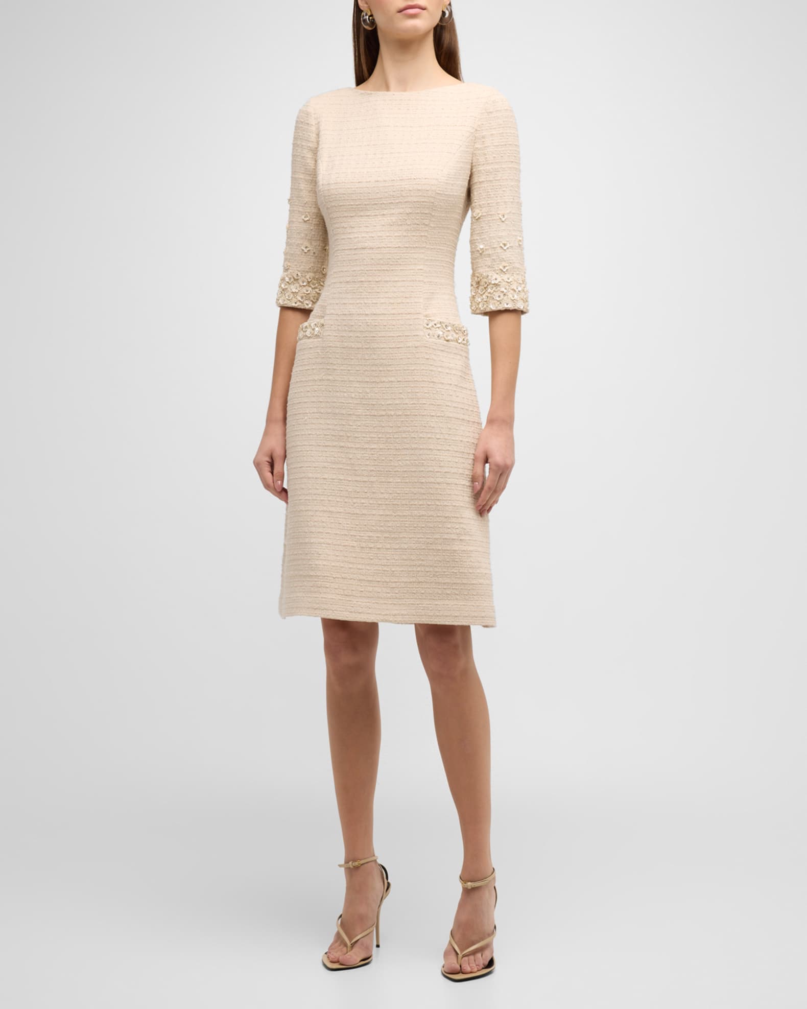 Rickie Freeman for Teri Jon Beaded 3/4-Sleeve Boucle Tweed Midi Dress ...