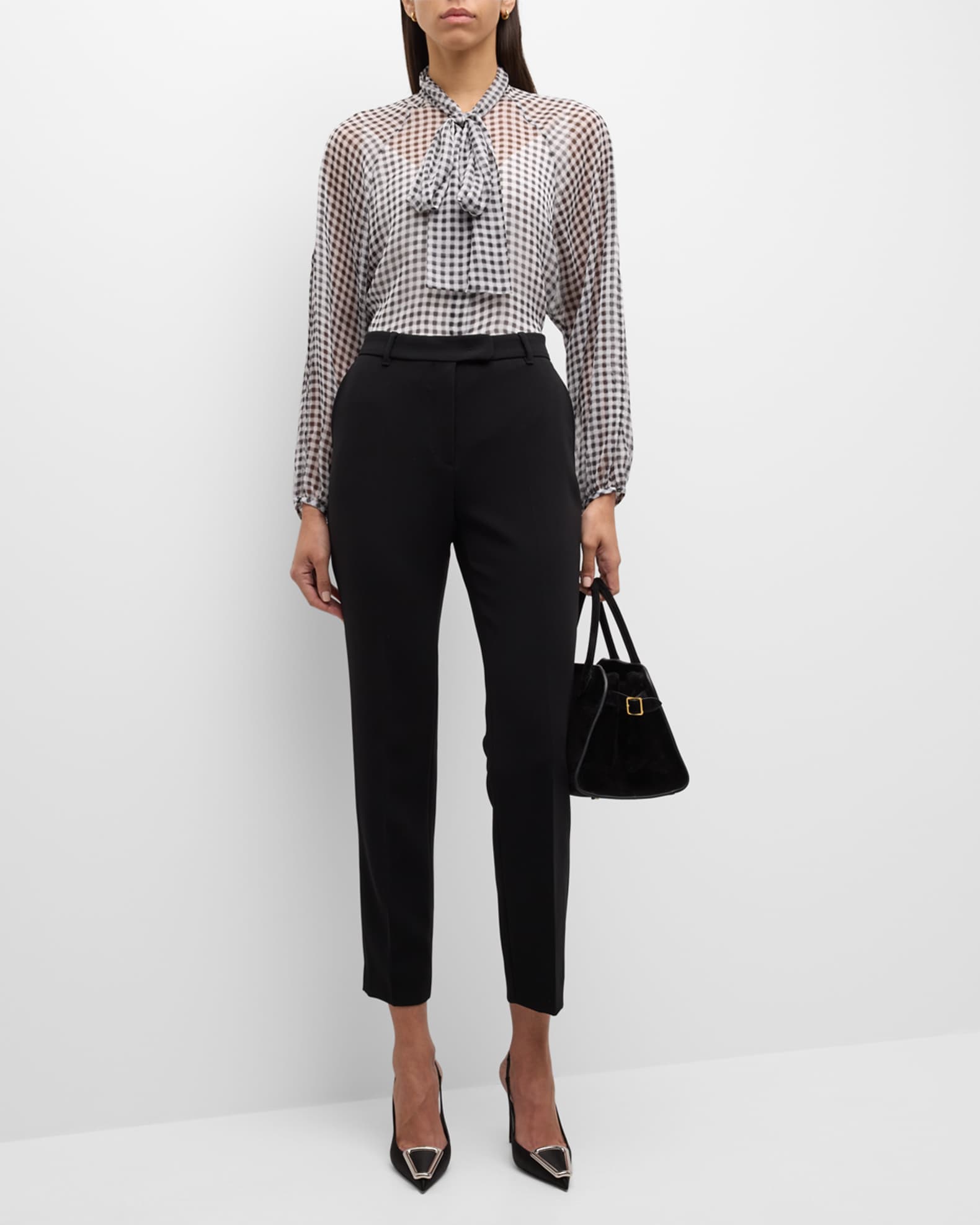 Max Mara Studio Baldi Check-Print Tie-Neck Silk Blouse | Neiman Marcus