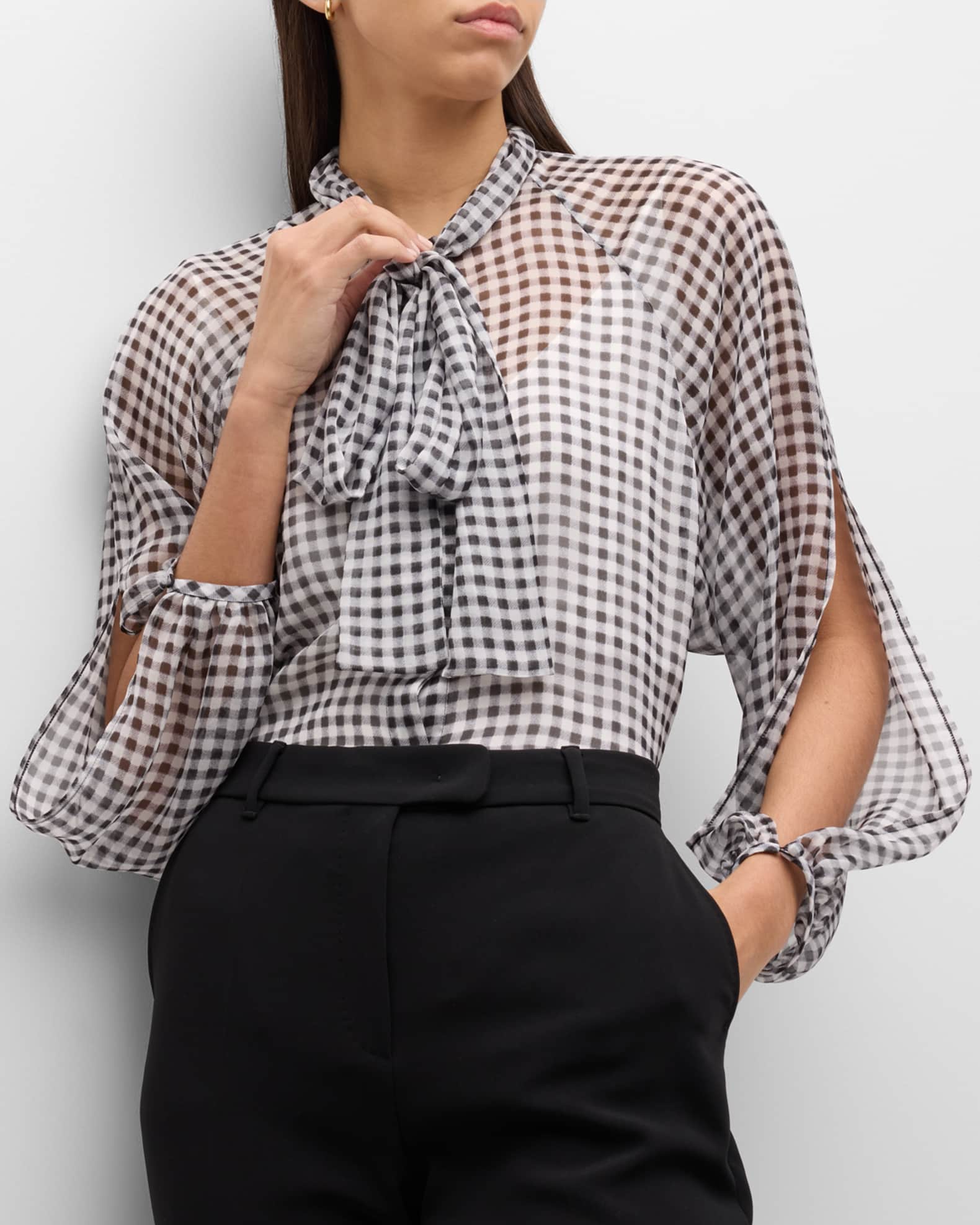 Max Mara Studio Baldi Check-Print Tie-Neck Silk Blouse | Neiman Marcus