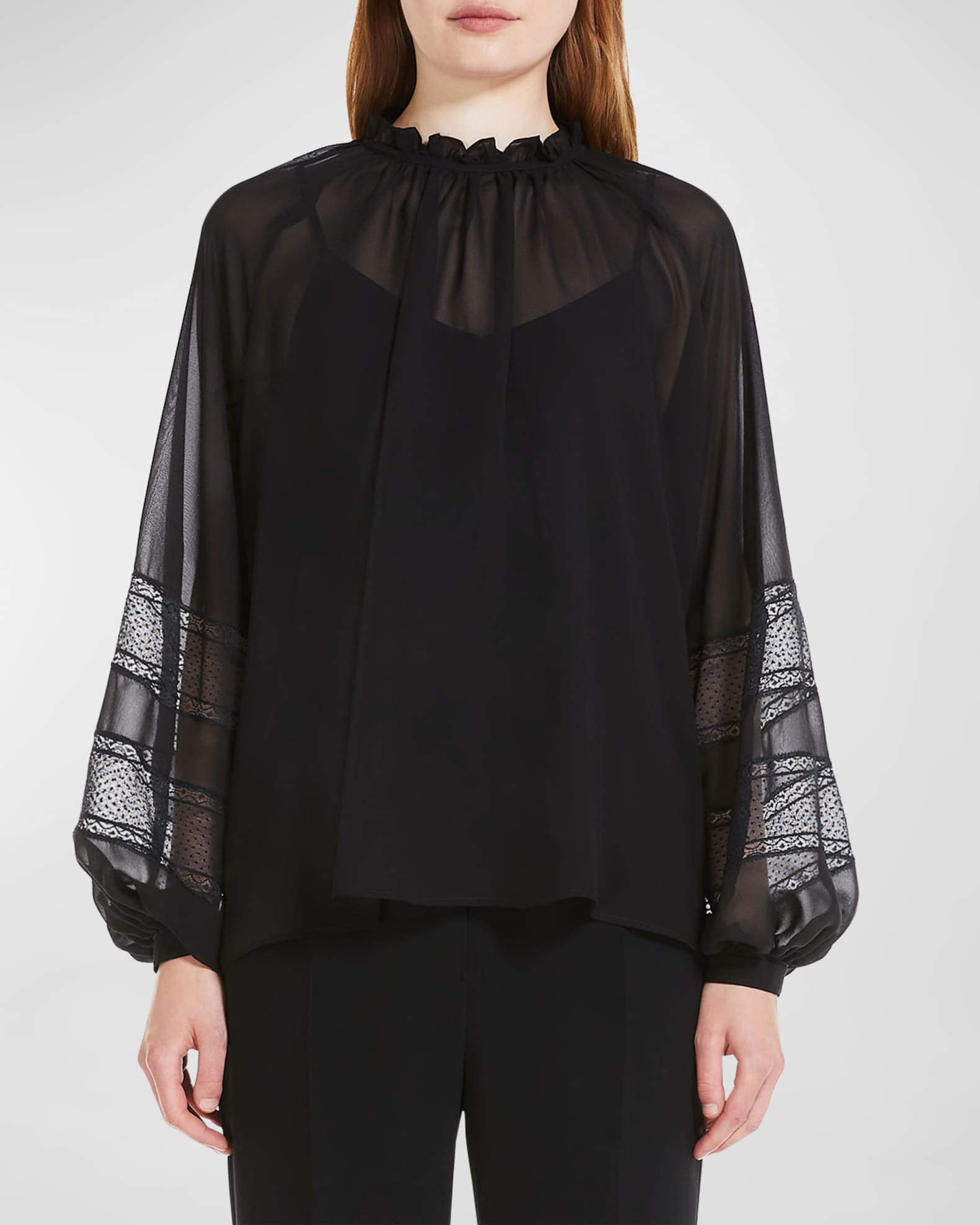 Max Mara Studio Tazzina Blouson-Sleeve Lace-Inset Blouse | Neiman Marcus