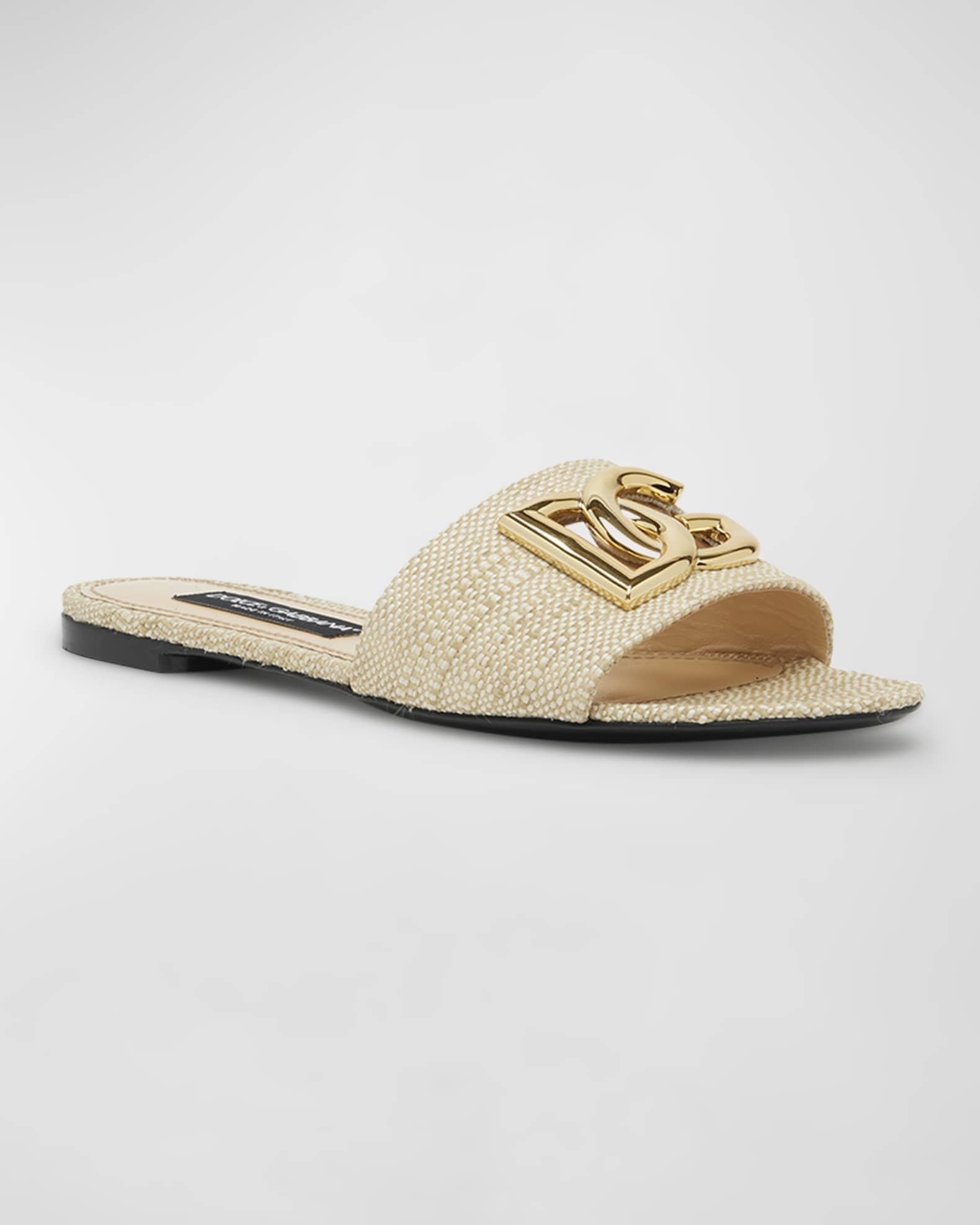 Dolce&Gabbana Raffia DG Medallion Flat Slide Sandals | Neiman Marcus