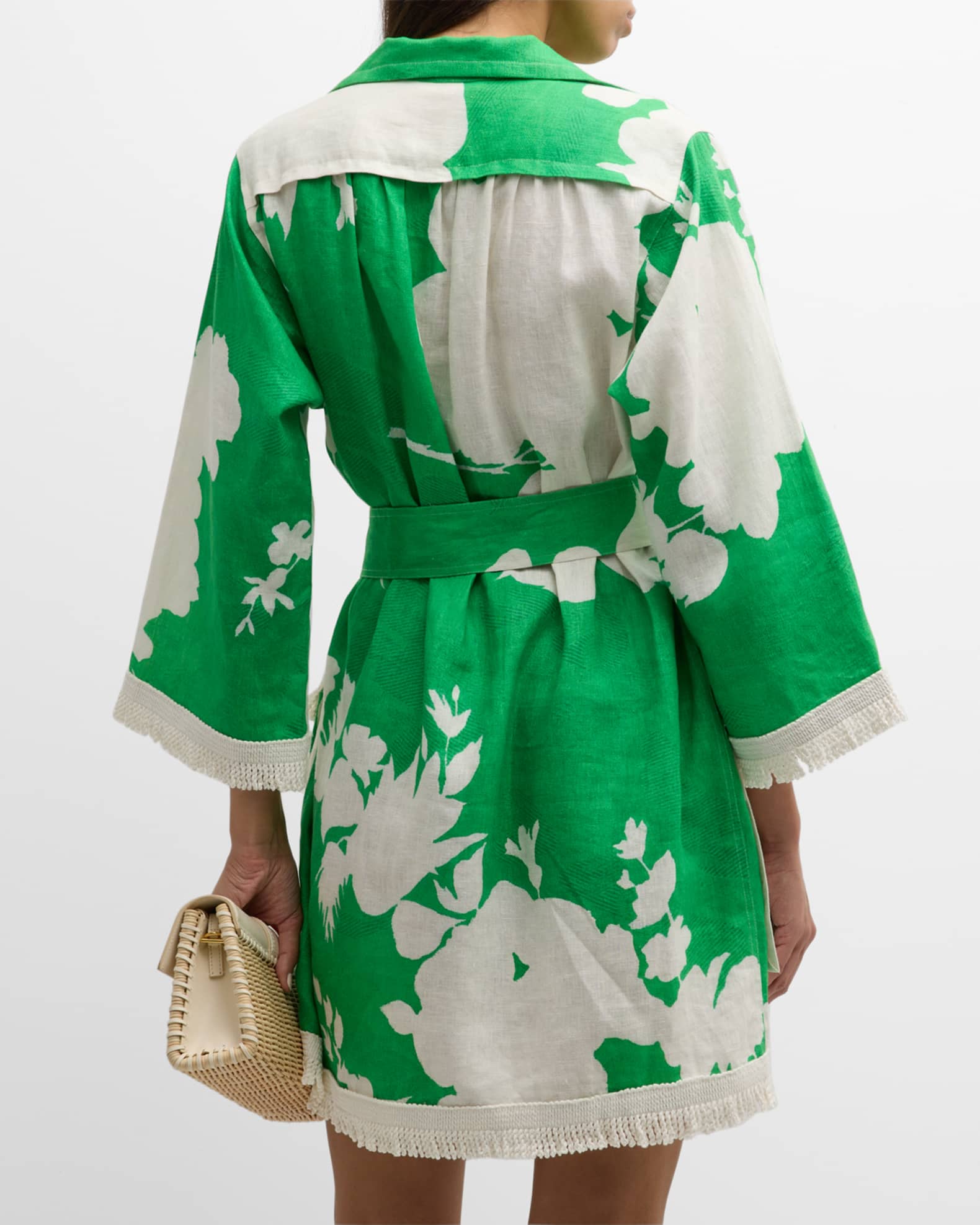 Oroton Belted Floral-Print Fringe-Trim Mini Dress | Neiman Marcus
